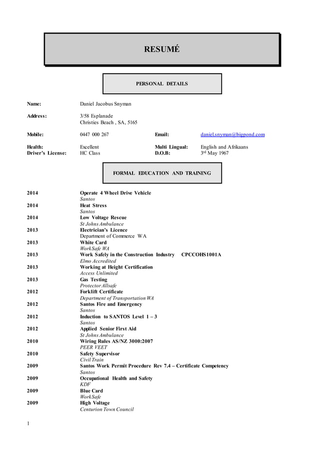 Daniel Snyman Resume | DOCX