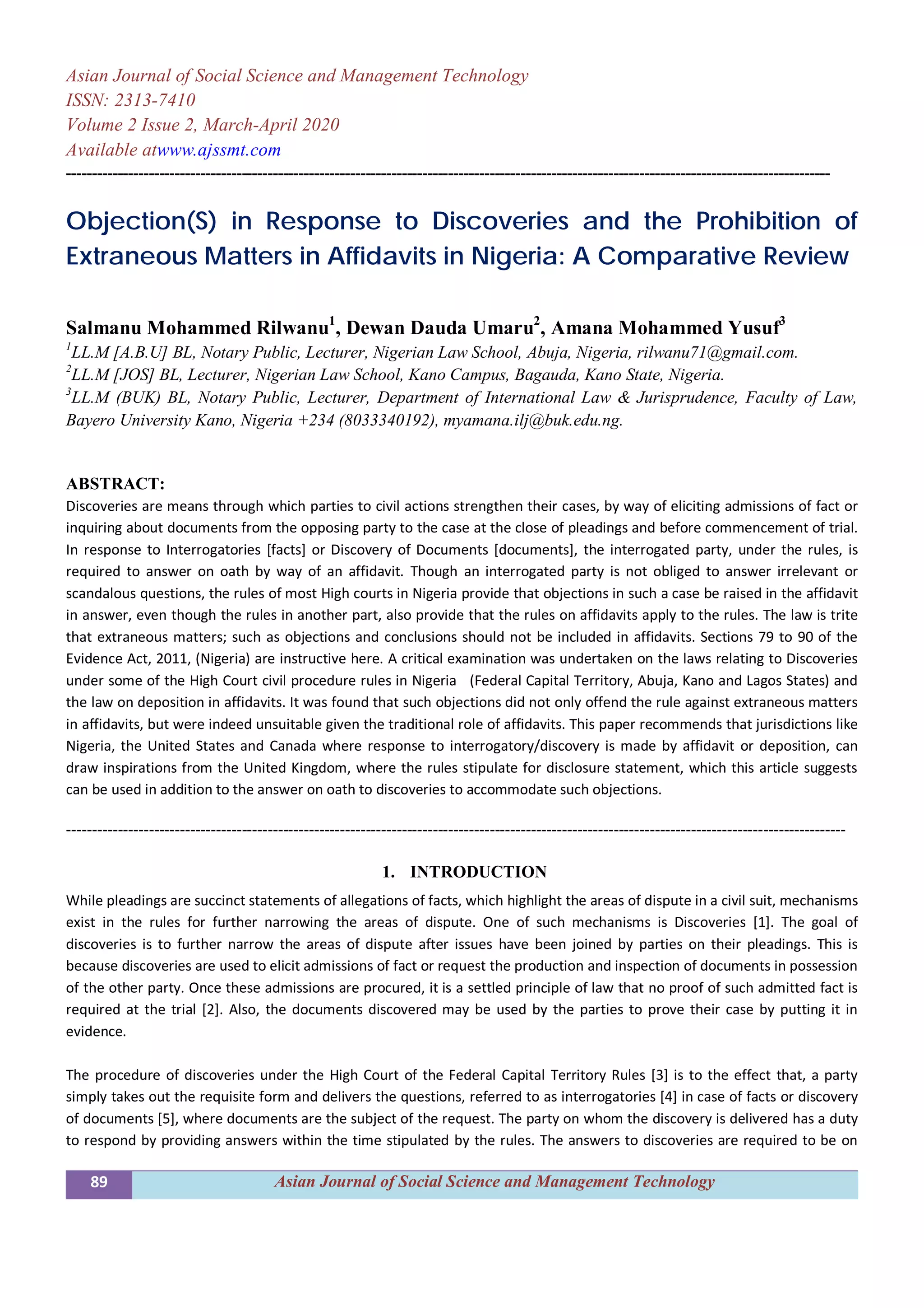 Objection(S) in Response to Discoveries and the Prohibition of ...