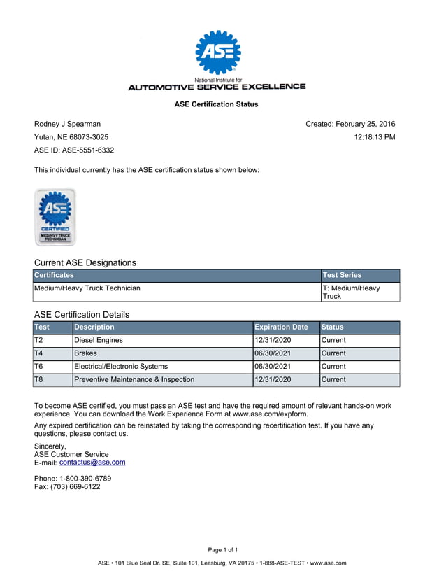 ASE_Certification_Status_Rodney_Spearman | PDF