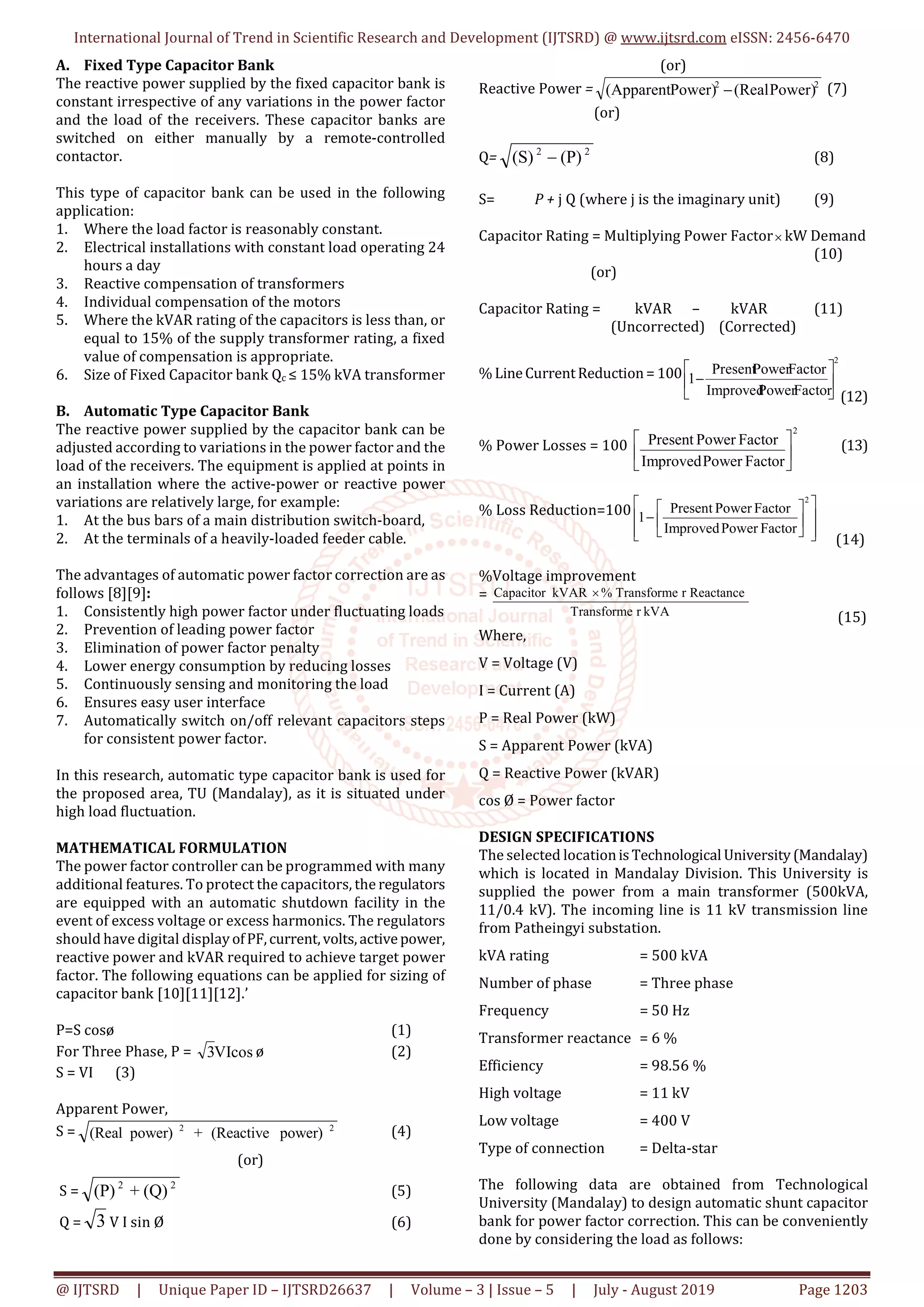 Experimental Research on Power Quality Improvement using Capacitor Bank for 500 kVA Three Phase ...