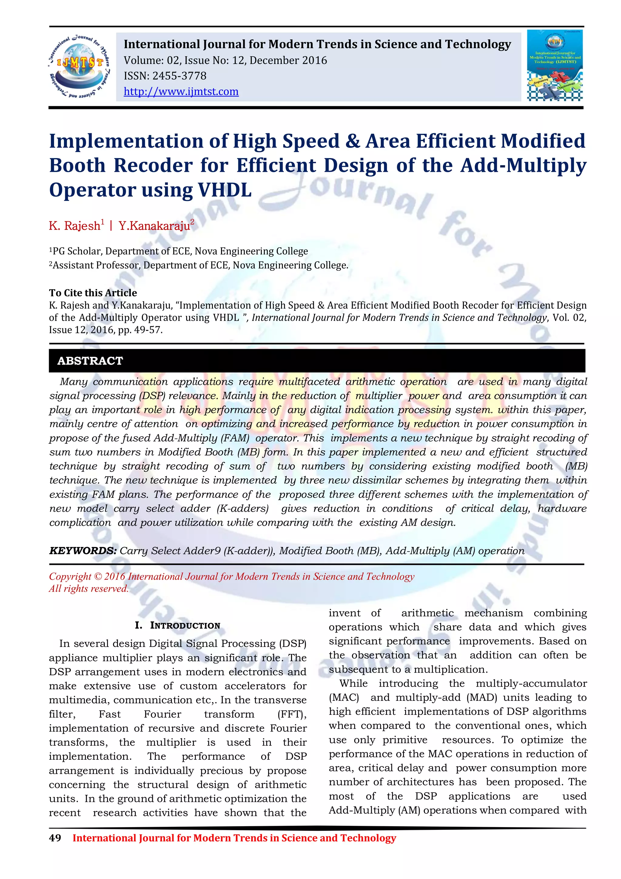 Implementation Of High Speed And Area Efficient Modified Booth Recoder For Efficient Design Of The