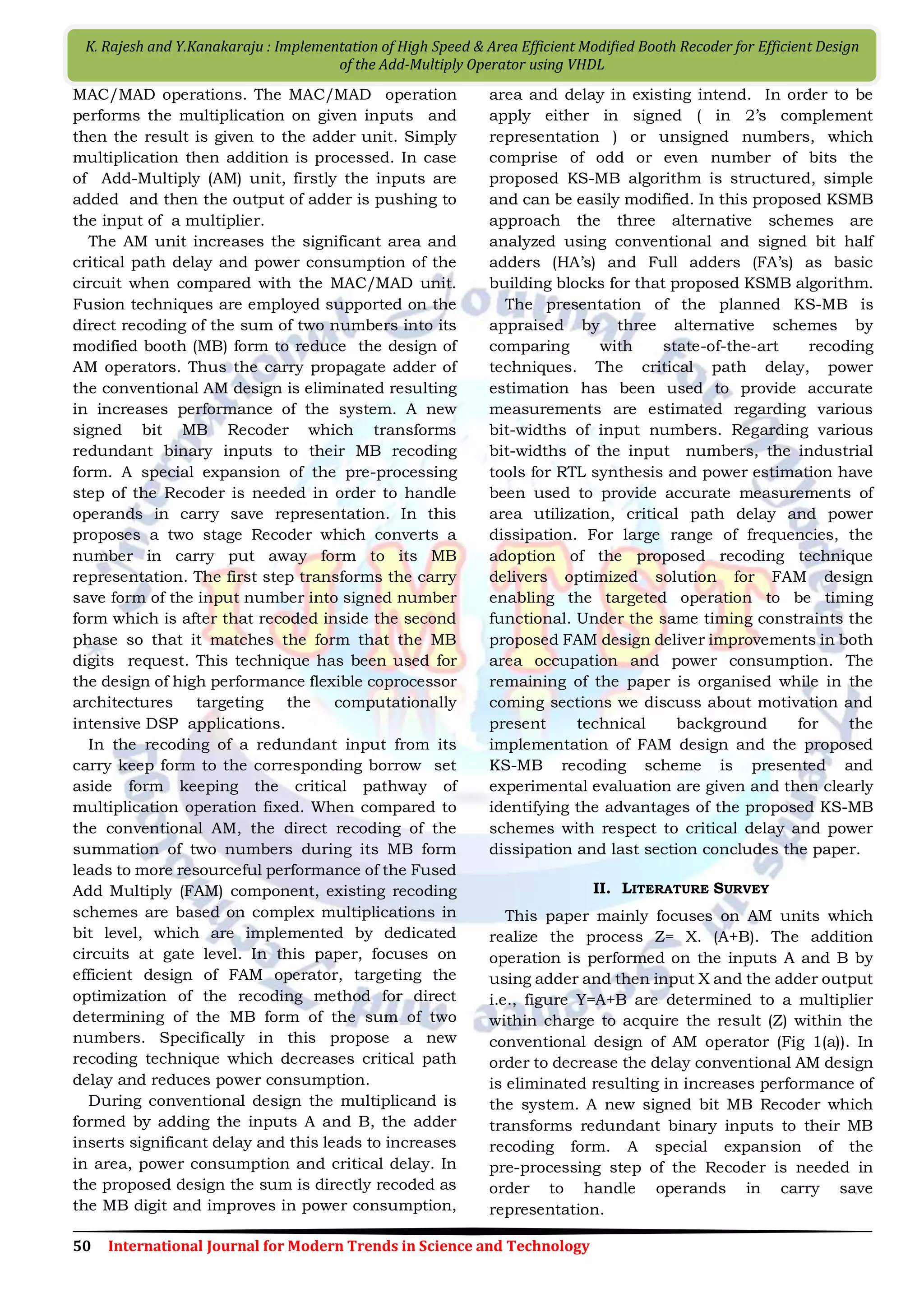 Implementation Of High Speed And Area Efficient Modified Booth Recoder For Efficient Design Of The
