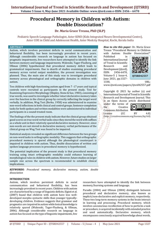 Procedural Memory in Children with Autism Double Dissociation | PDF
