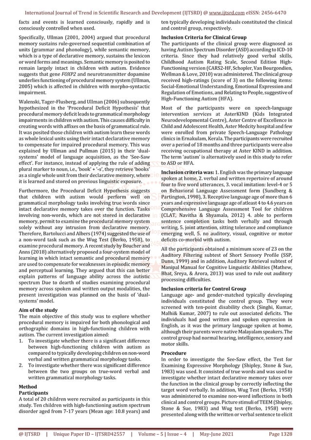 Procedural Memory in Children with Autism Double Dissociation | PDF