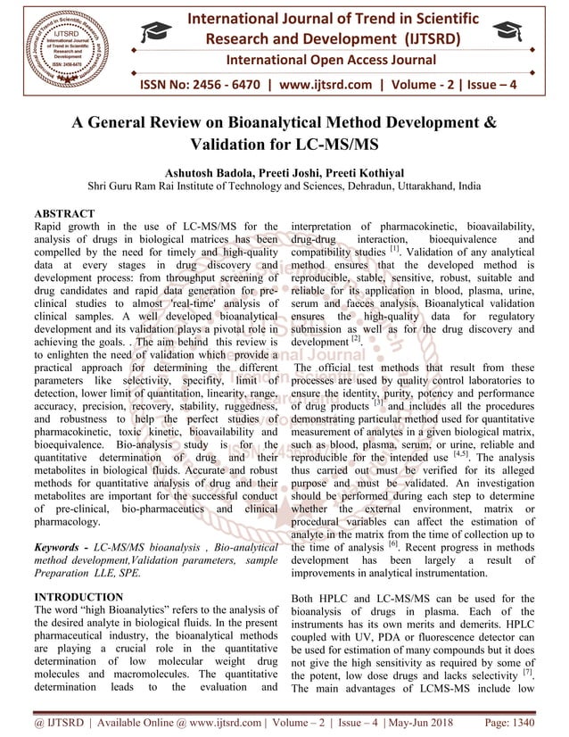 A General Review on Bioanalytical Method Development & Validation for LC-MS/MS | PDF