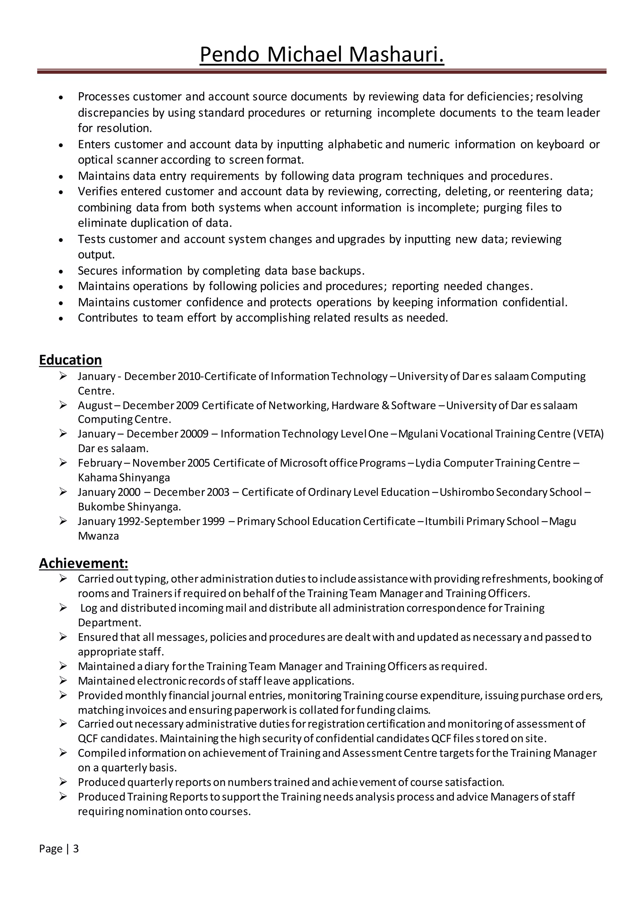Pendo Michael Mashauri CV | DOCX | Business | Business and Finance