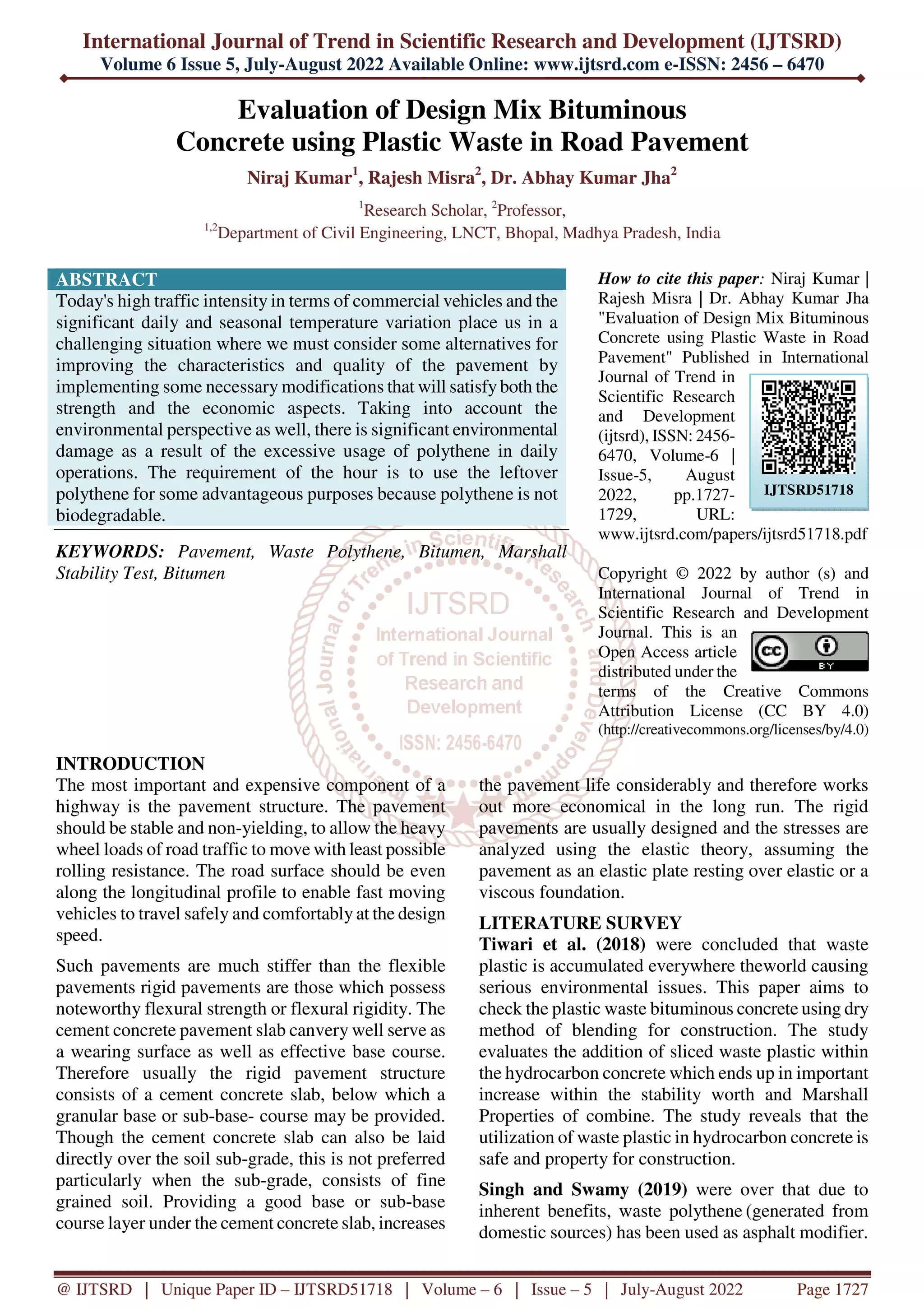 Evaluation of Design Mix Bituminous Concrete using Plastic Waste in ...