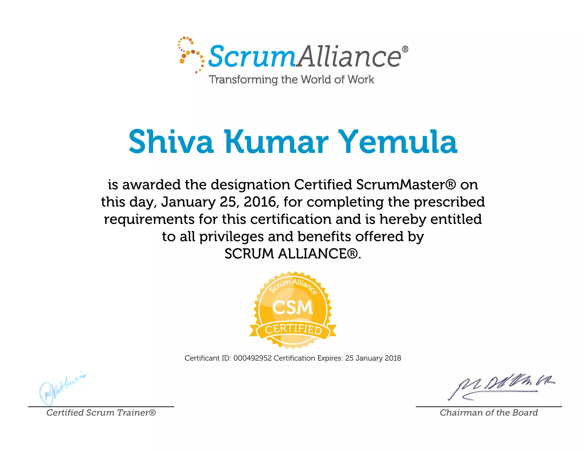 Shiva Kumar Yemula Scrumalliancecsmcertificate 1 Ppt