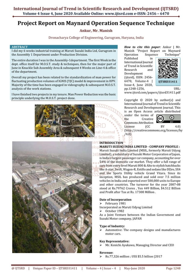 Project Report on Maynard Operation Sequence Technique | PDF