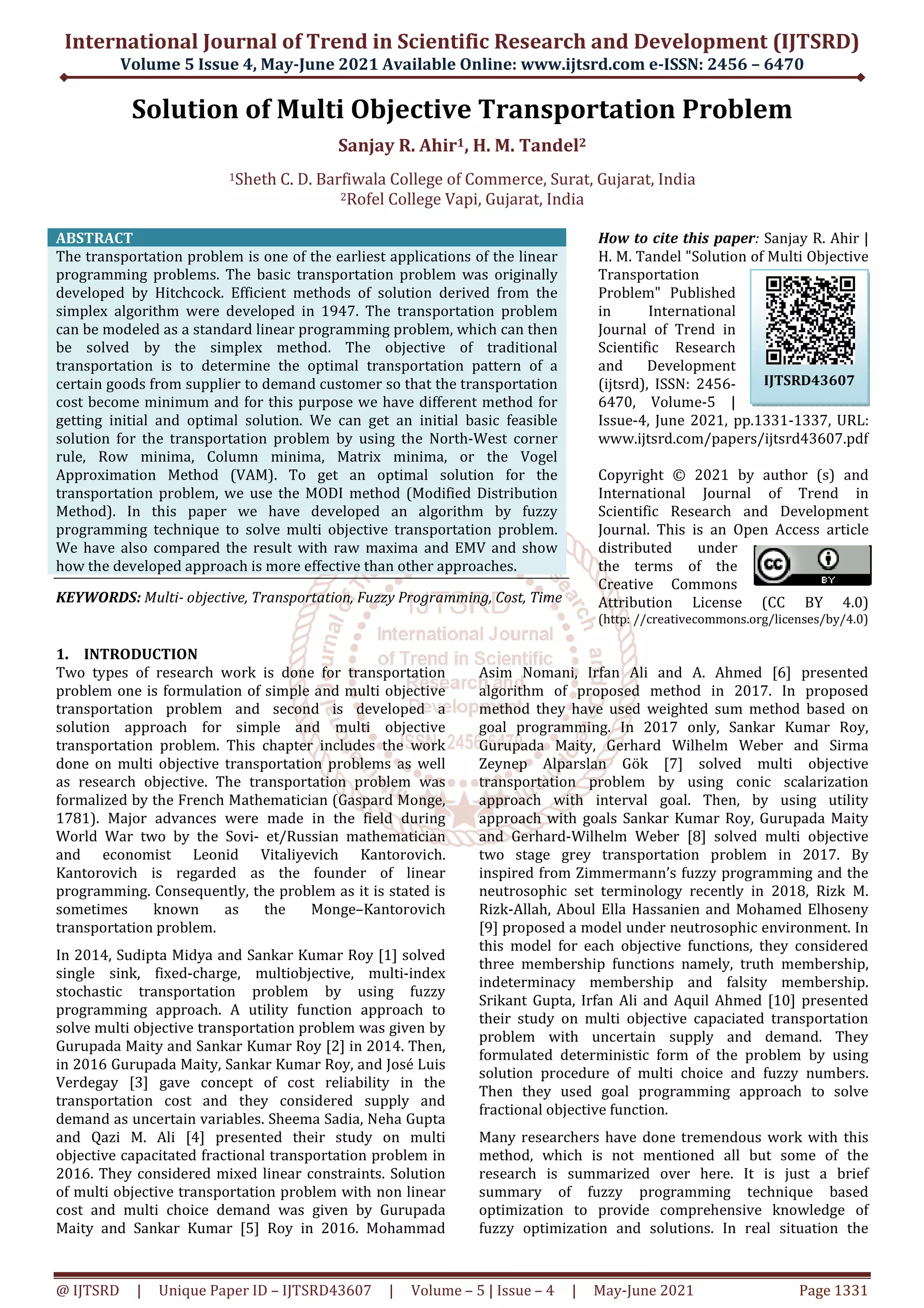 Solution Of Multi Objective Transportation Problem Pdf