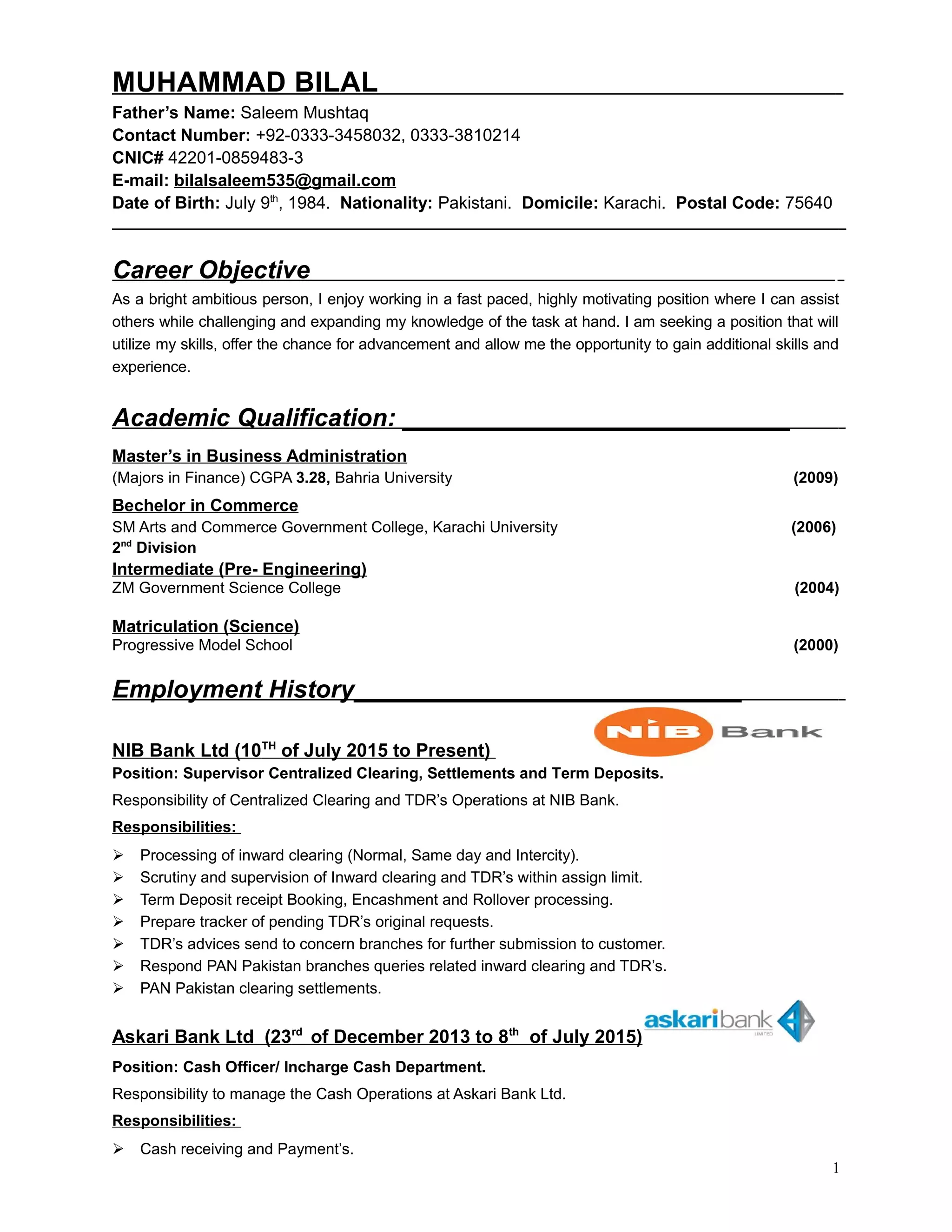 MUHAMMAD BILAL CURRICULUM VITAE APPLY | DOC