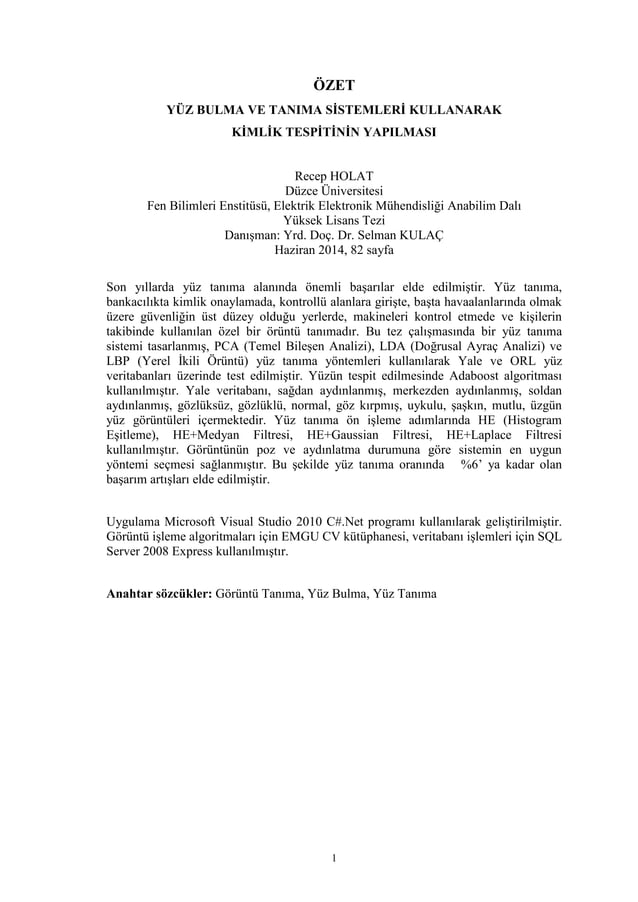 YÜZ BULMA VE TANIMA SİSTEMLERİ KULLANARAK | PDF