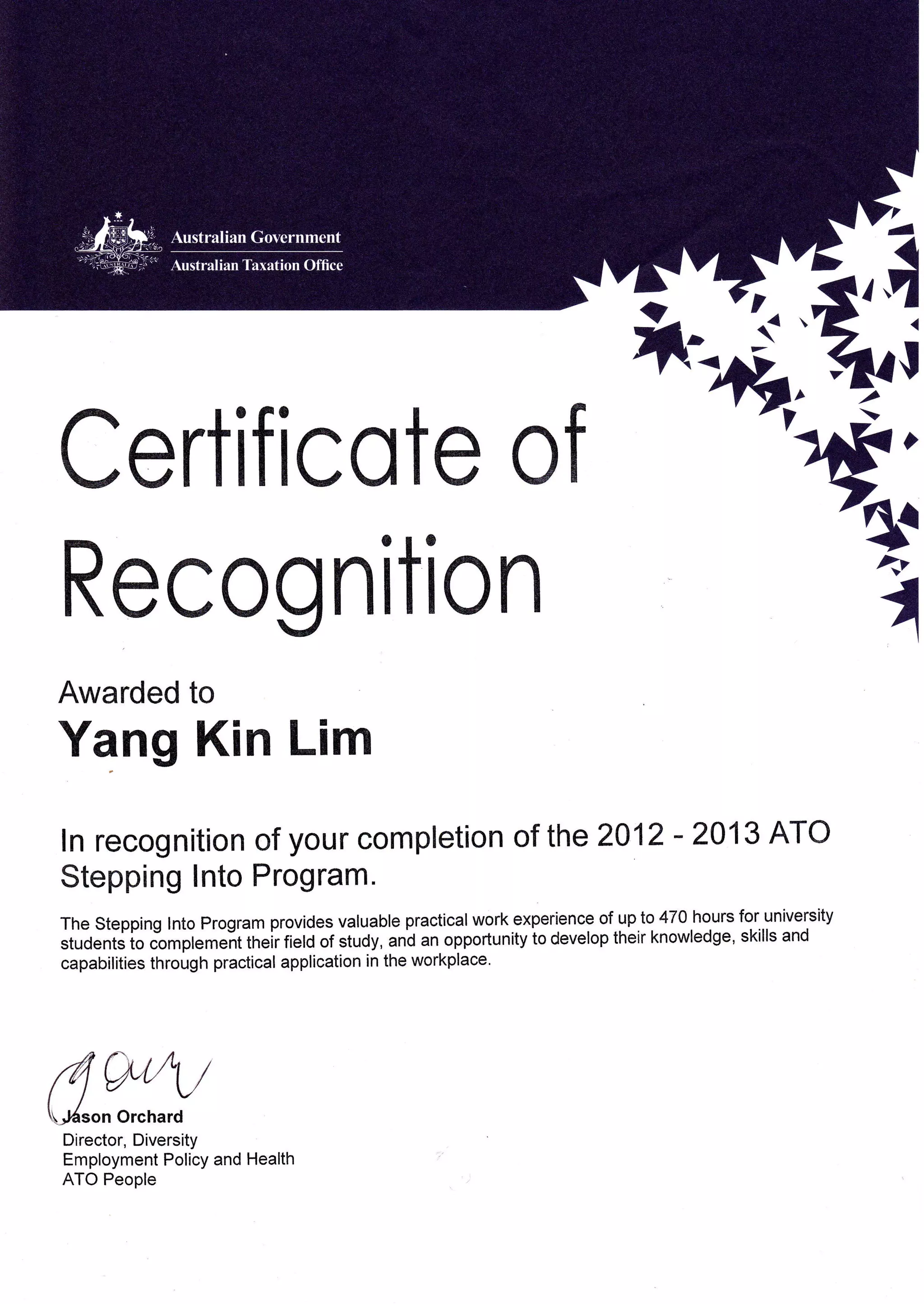 Yang Kin Lim ATO Certificate | PDF