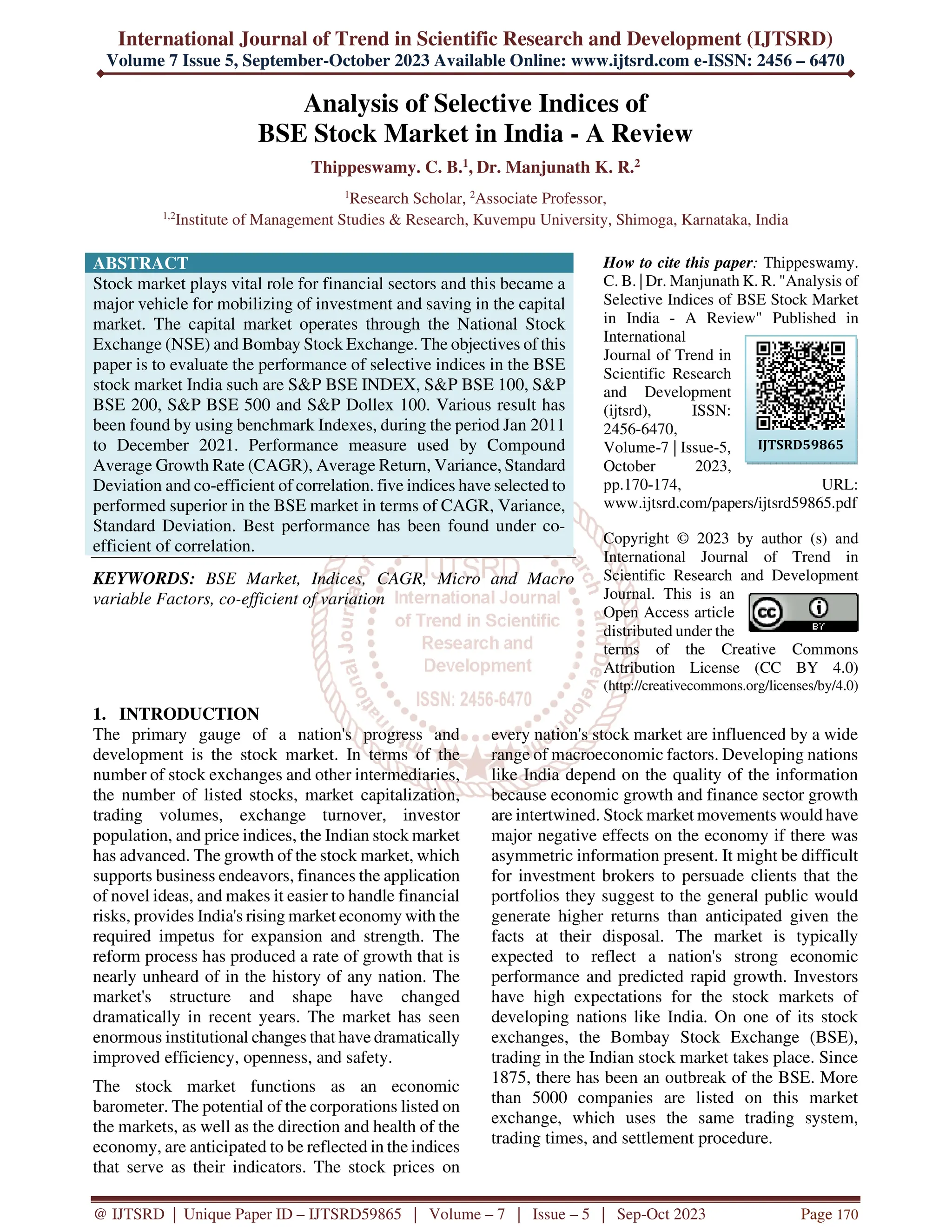 Analysis of Selective Indices of BSE Stock Market in India A Review | PDF