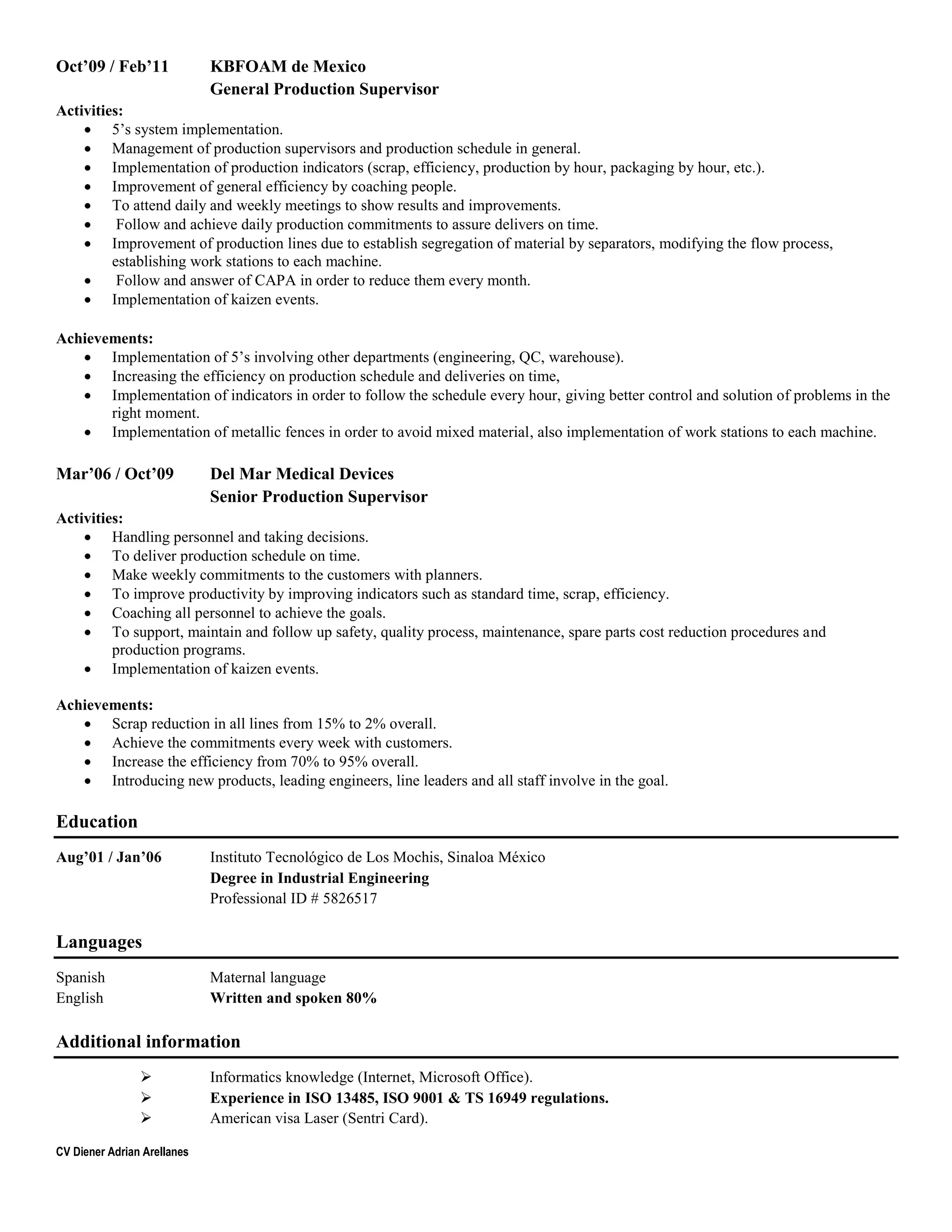 Diener Adrian Arellanes - Curriculum | PDF