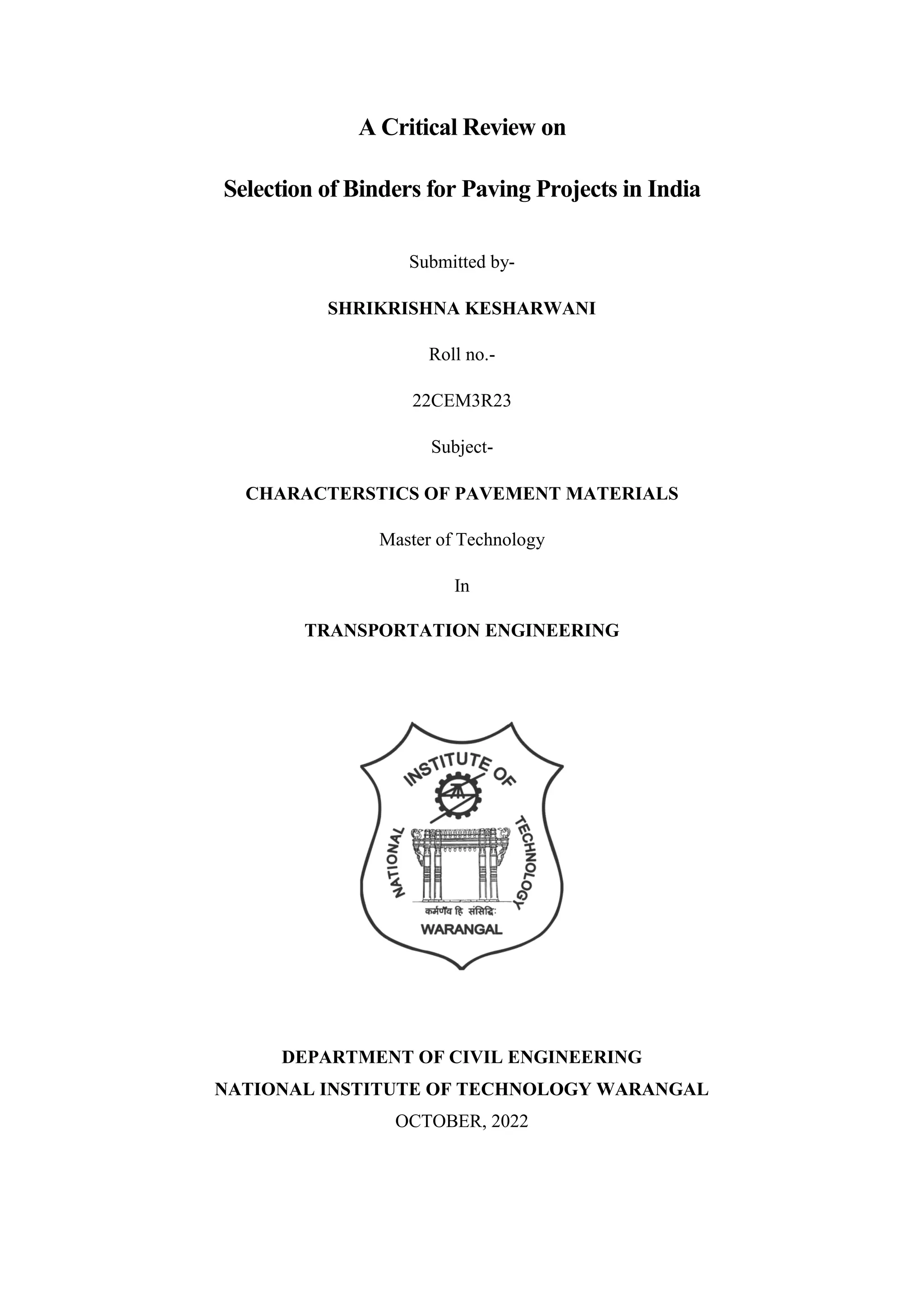 A CRITICAL REVIEW ON SELECTION OF BINDER FOR PAVING PROJECTS IN INDIA | PDF