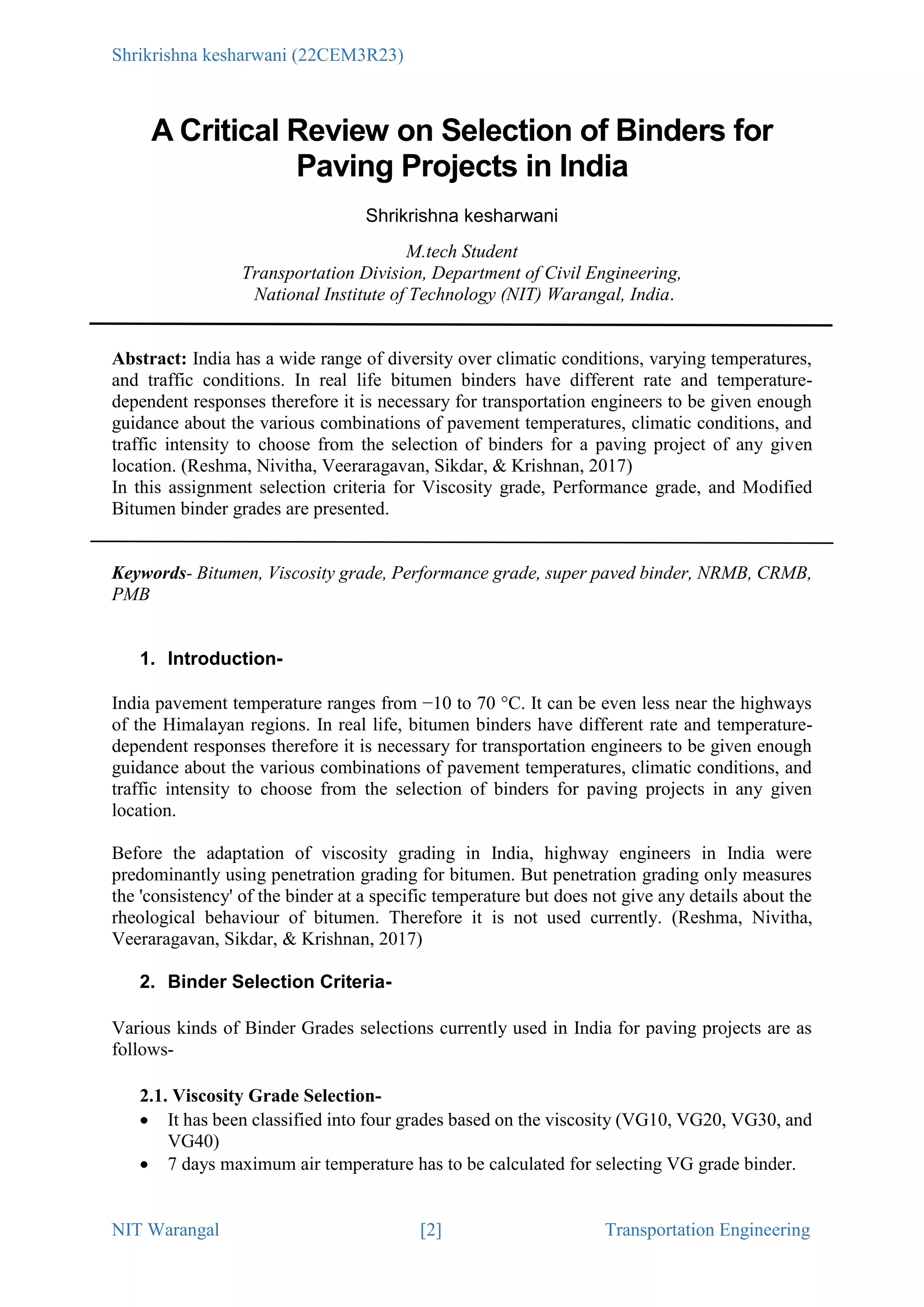 A CRITICAL REVIEW ON SELECTION OF BINDER FOR PAVING PROJECTS IN INDIA | PDF