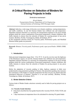 A CRITICAL REVIEW ON SELECTION OF BINDER FOR PAVING PROJECTS IN INDIA ...