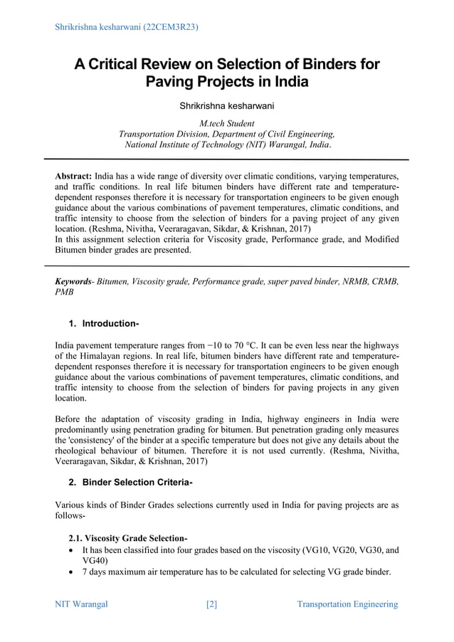 A Critical Review On Selection Of Binder For Paving Projects In India Pdf