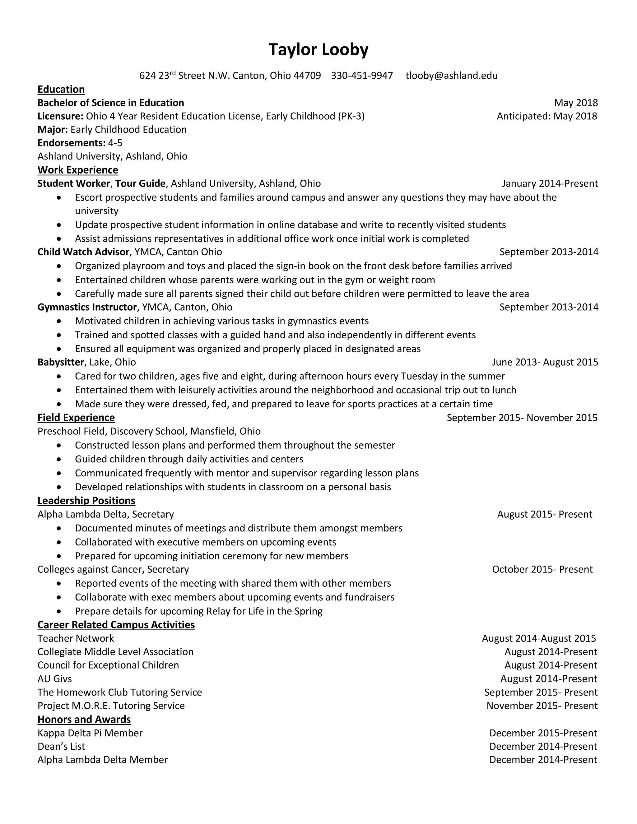 Taylor Looby resume 2015-2016 | PDF