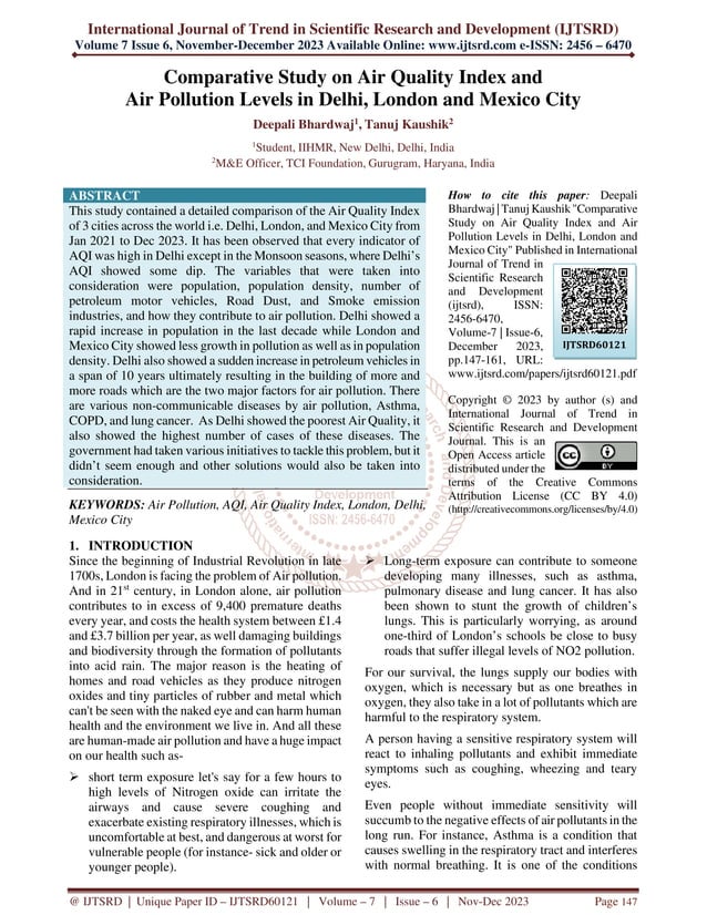 Comparative Study on Air Quality Index and Air Pollution Levels in ...
