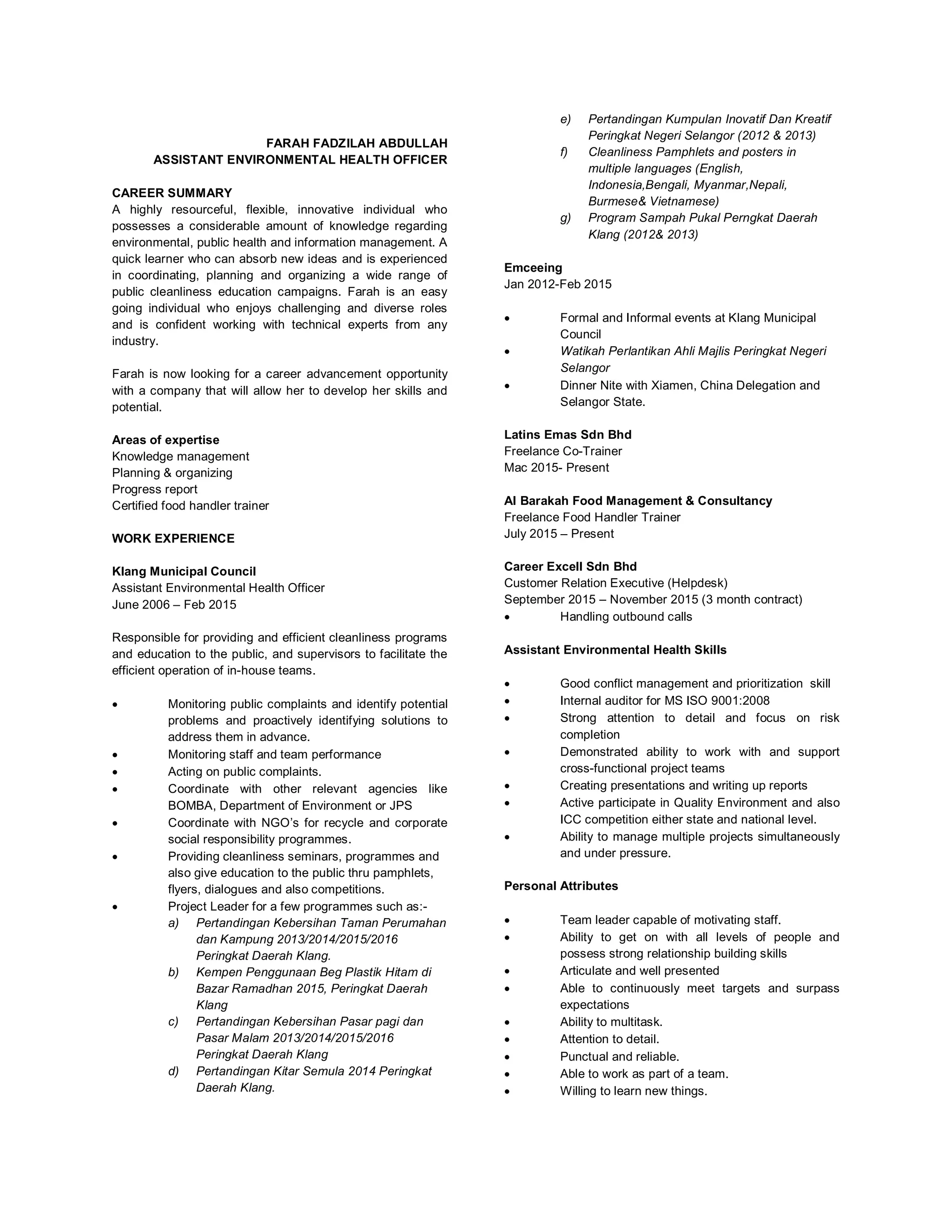 farah fadzilah abdullah resume | PDF