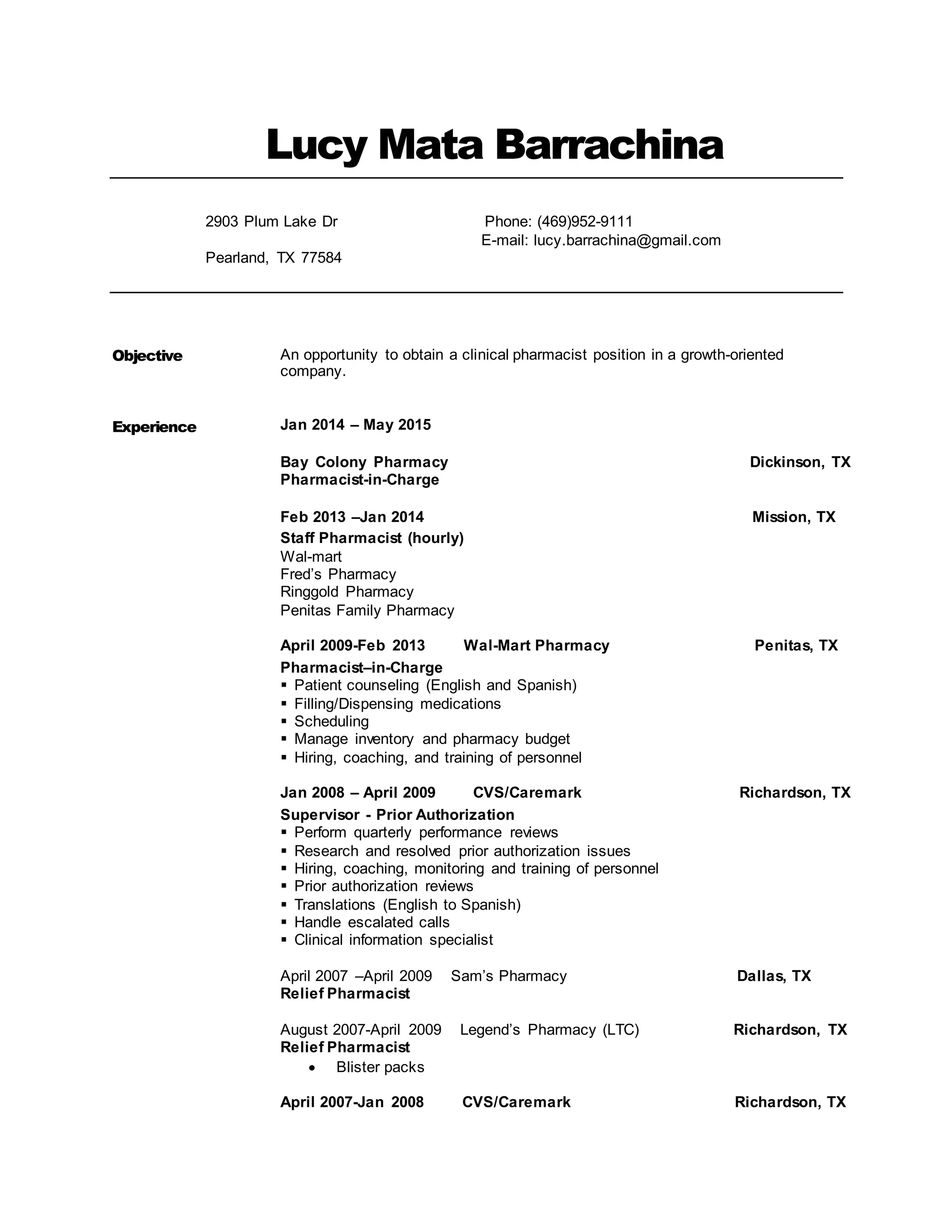 Lucy Barrachina Resume 2015 | PDF
