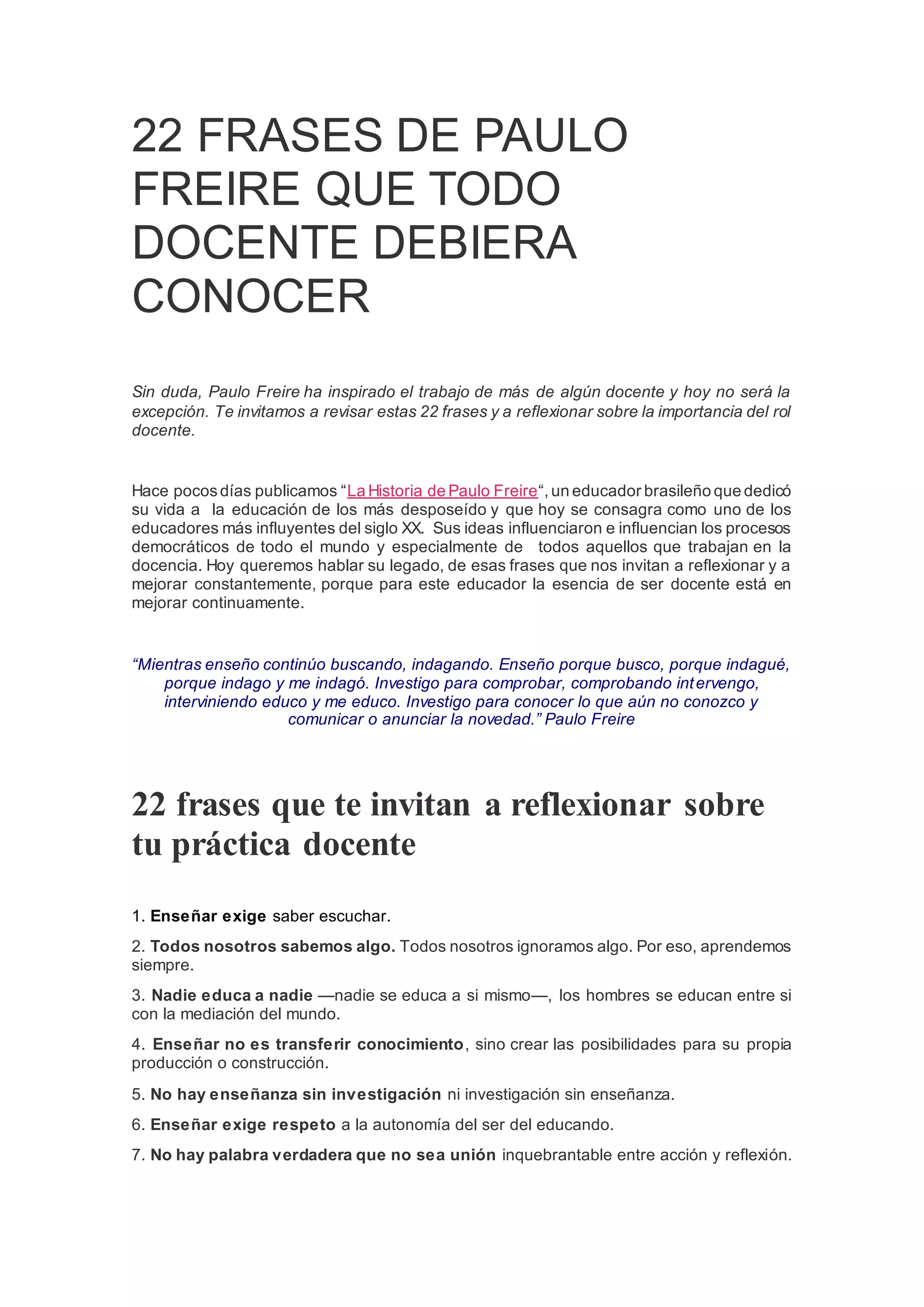 22 frases de paulo freire que todo docente debiera conocer | DOCX