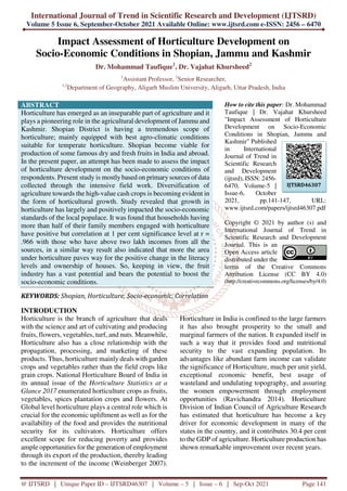 Impact Assessment of Horticulture Development on Socio Economic Conditions in Shopian, Jammu and ...