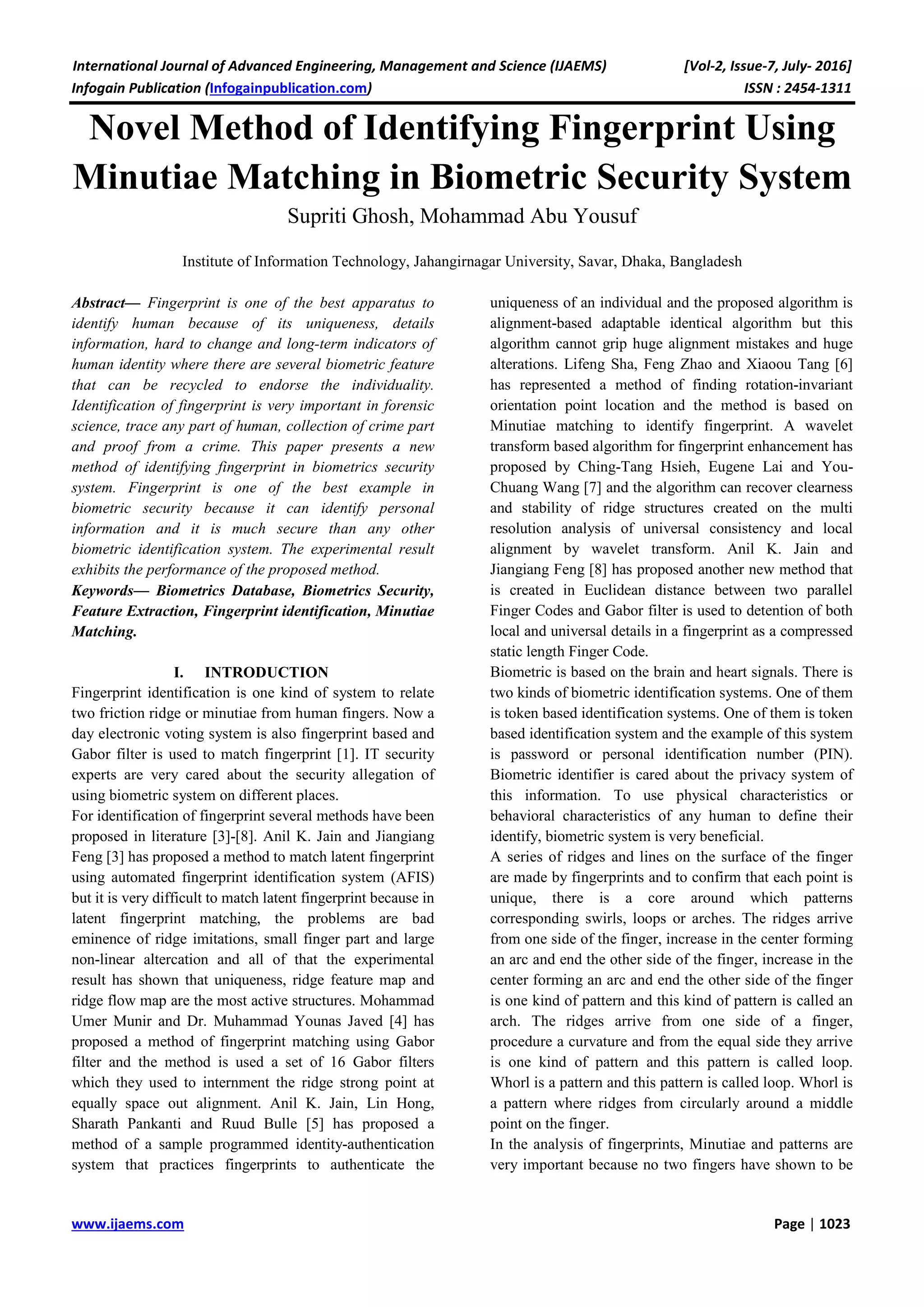 Novel Method Of Identifying Fingerprint Using Minutiae Matching In Biometric Security System Pdf