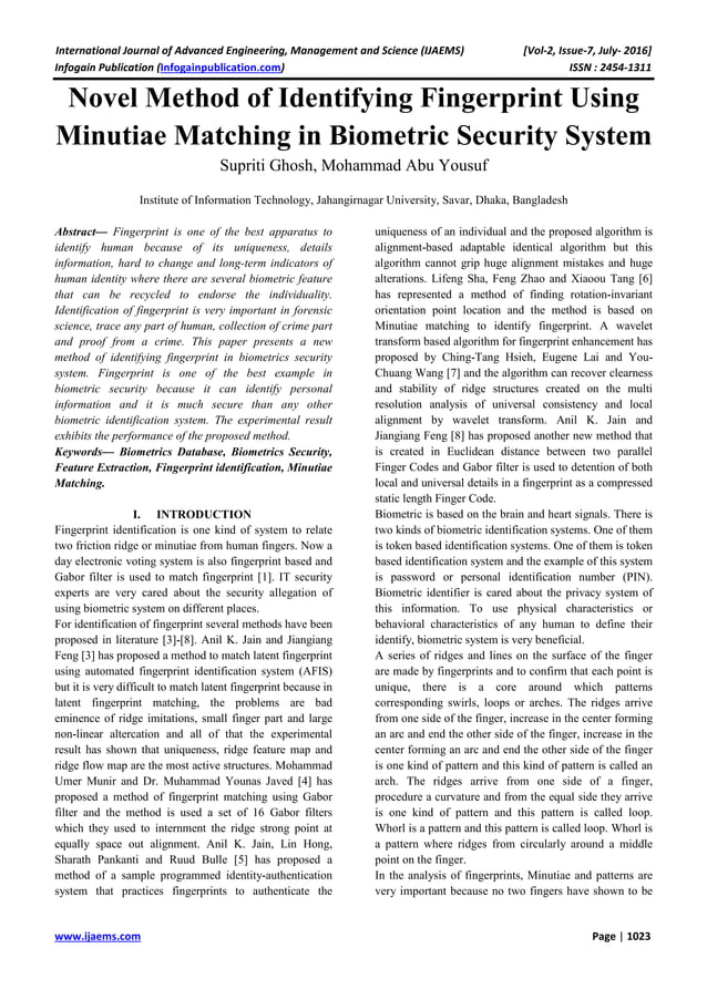 novel method of identifying fingerprint using minutiae matching in ...