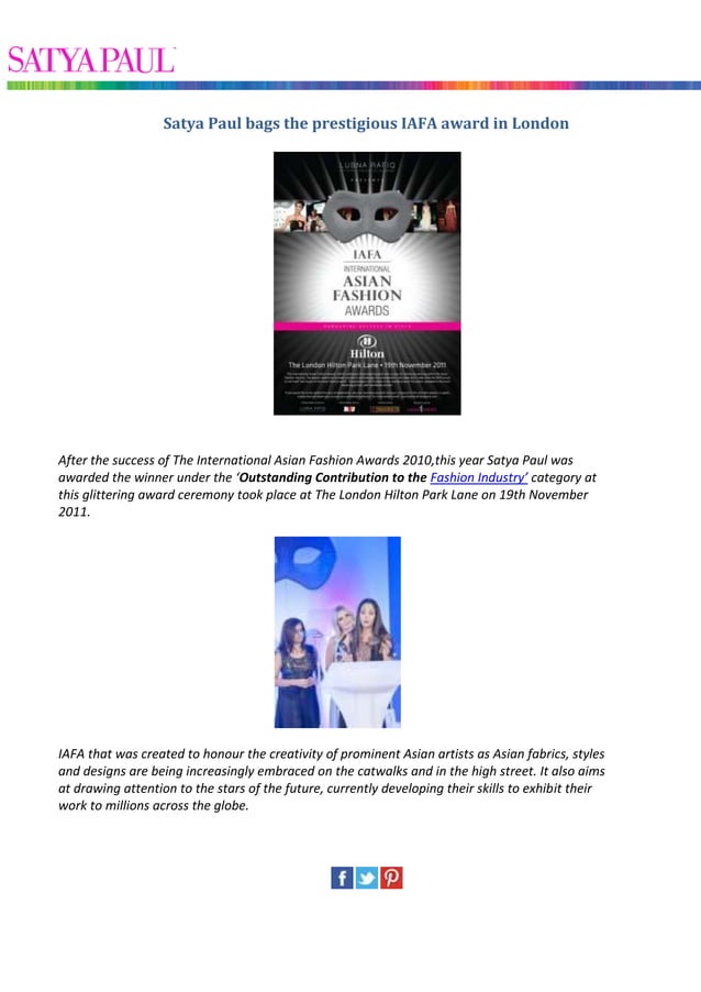 Satya Paul bags the prestigious IAFA award in London | DOCX | Awards Shows | Events