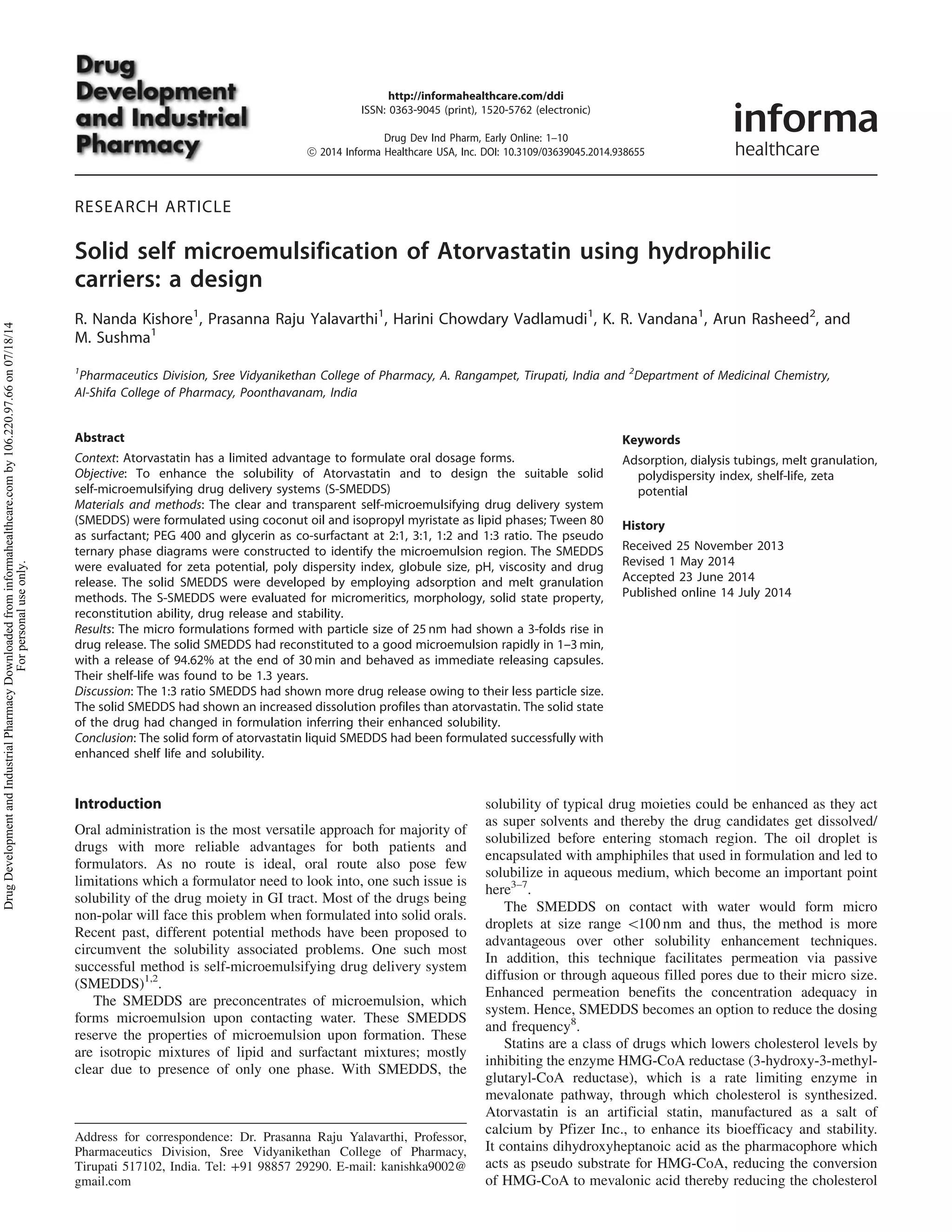 solid self microemulsification of atorvastatin using hydrophilic ...