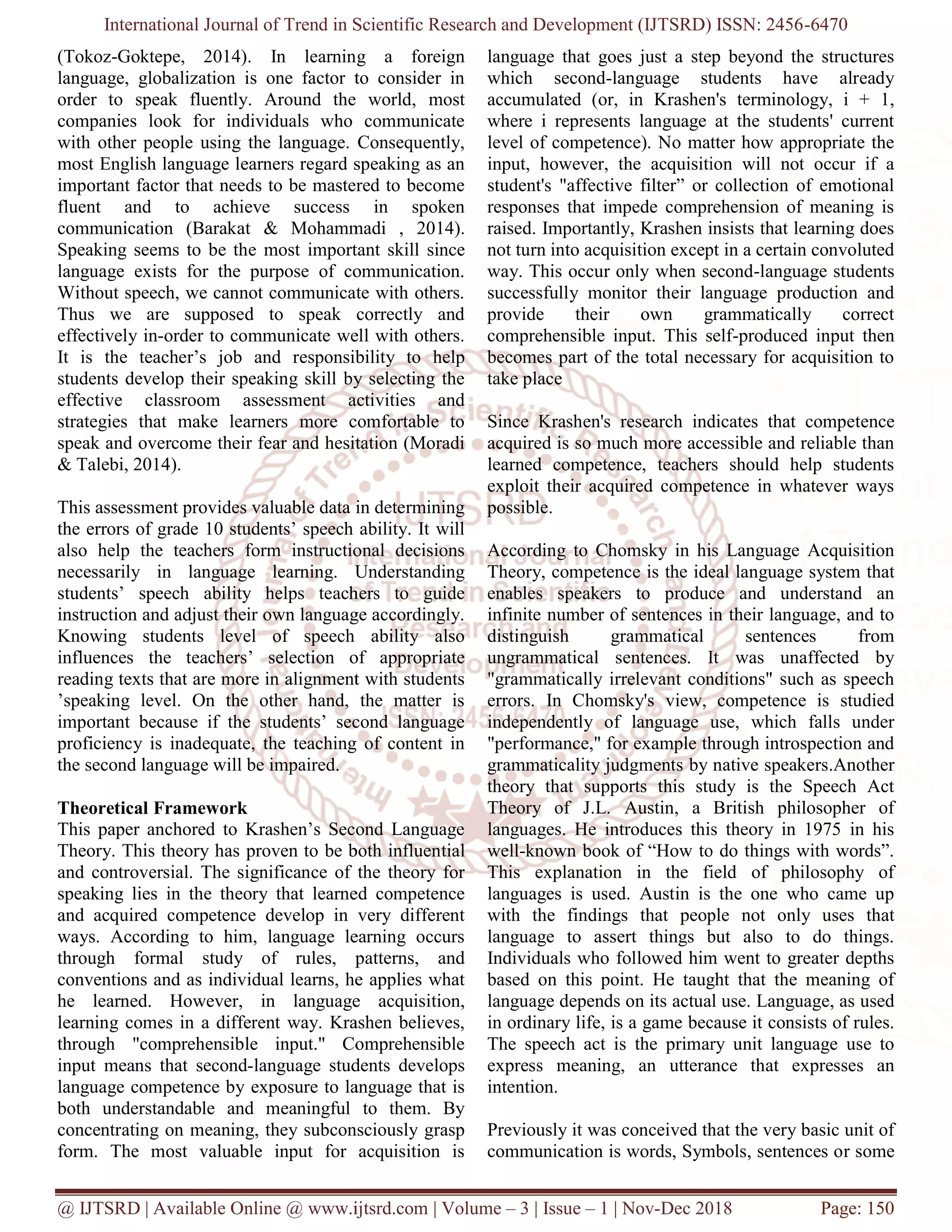 Speech Ability of Grade 10 Students | PDF