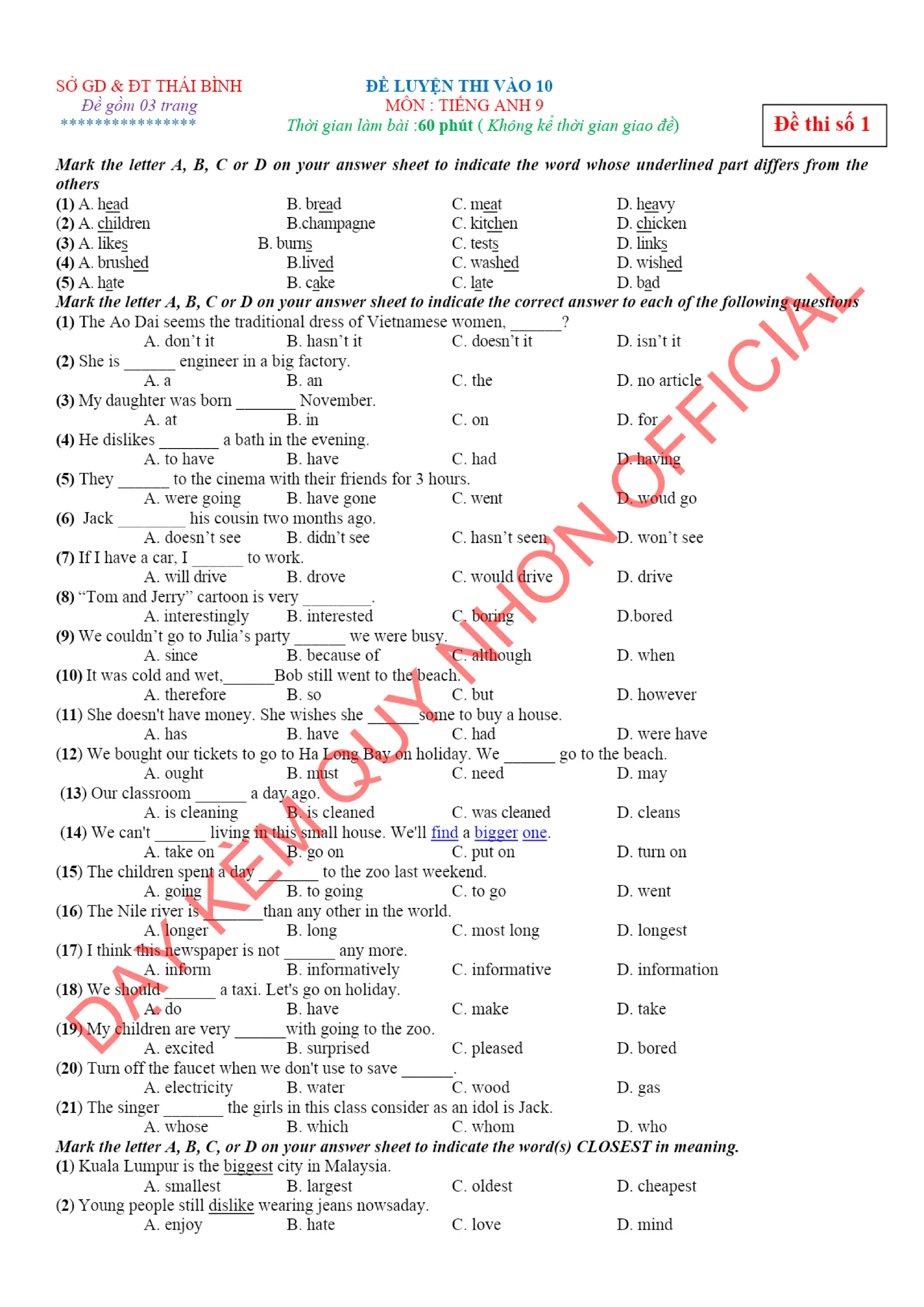 22 ĐỀ THI THỬ TUYỂN SINH TIẾNG ANH VÀO 10 SỞ GD – ĐT THÁI BÌNH NĂM HỌC 2023-2024 (BẢN HS-GV).pdf