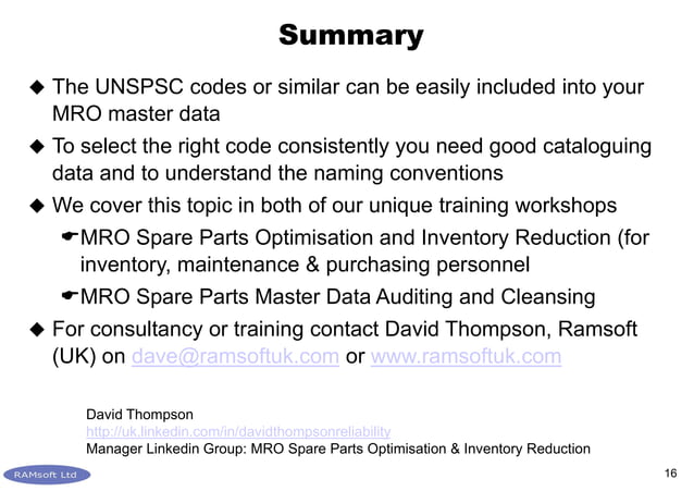 Using UNSPSC codes in the MRO Inventory System | PDF