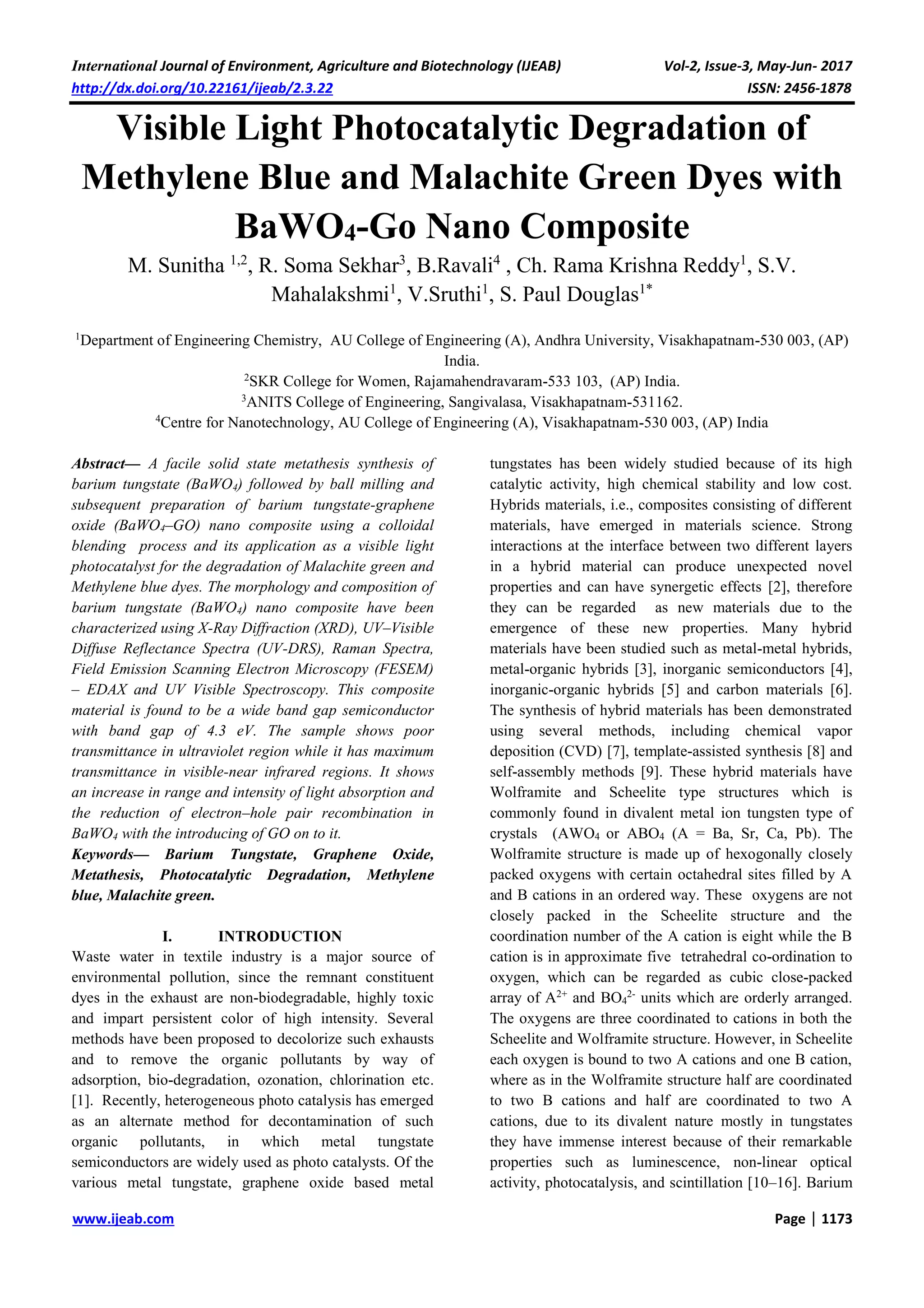 Visible Light Photocatalytic Degradation of Methylene Blue and Malachite Green Dyes with BaWO4 ...