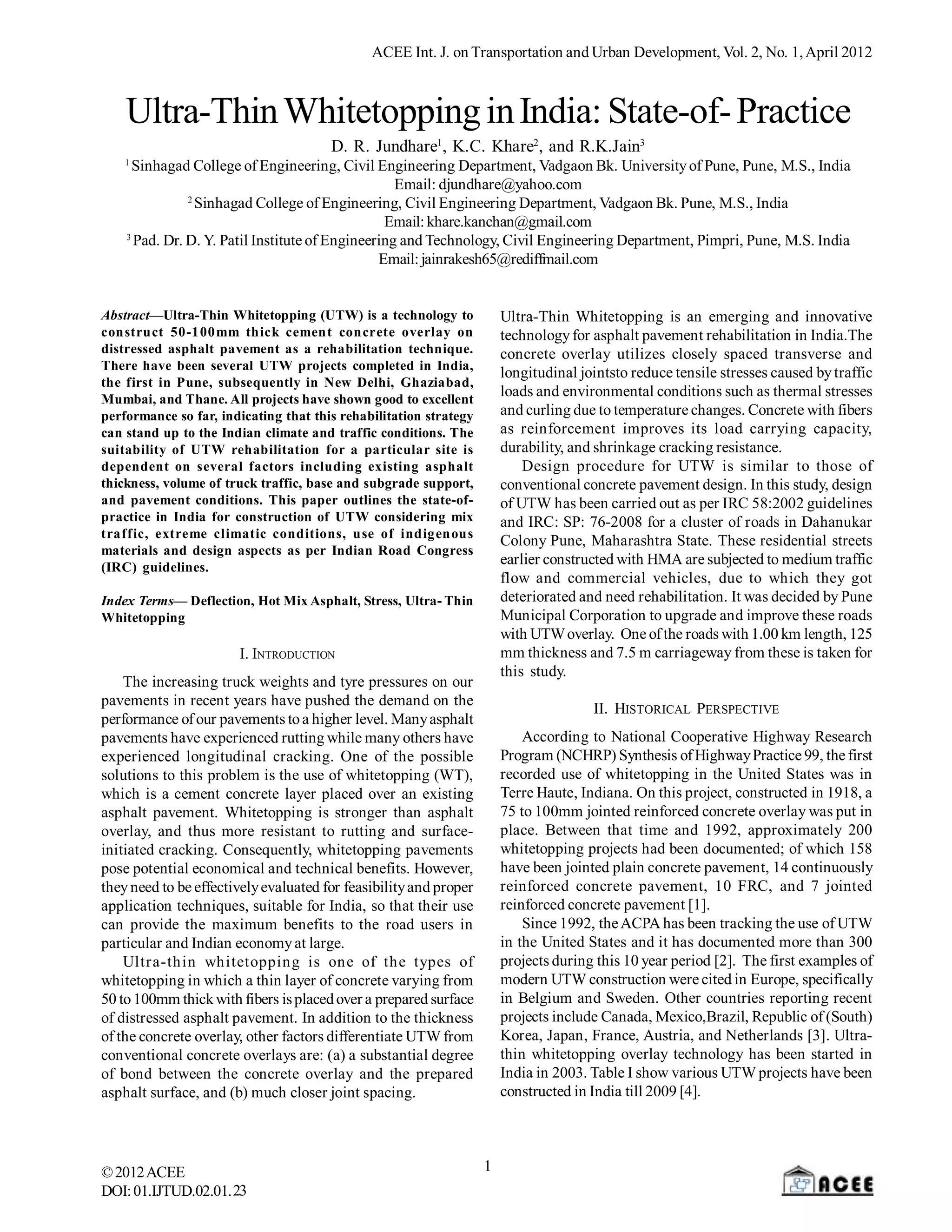 Ultra-Thin Whitetopping in India: State-of- Practice | PDF