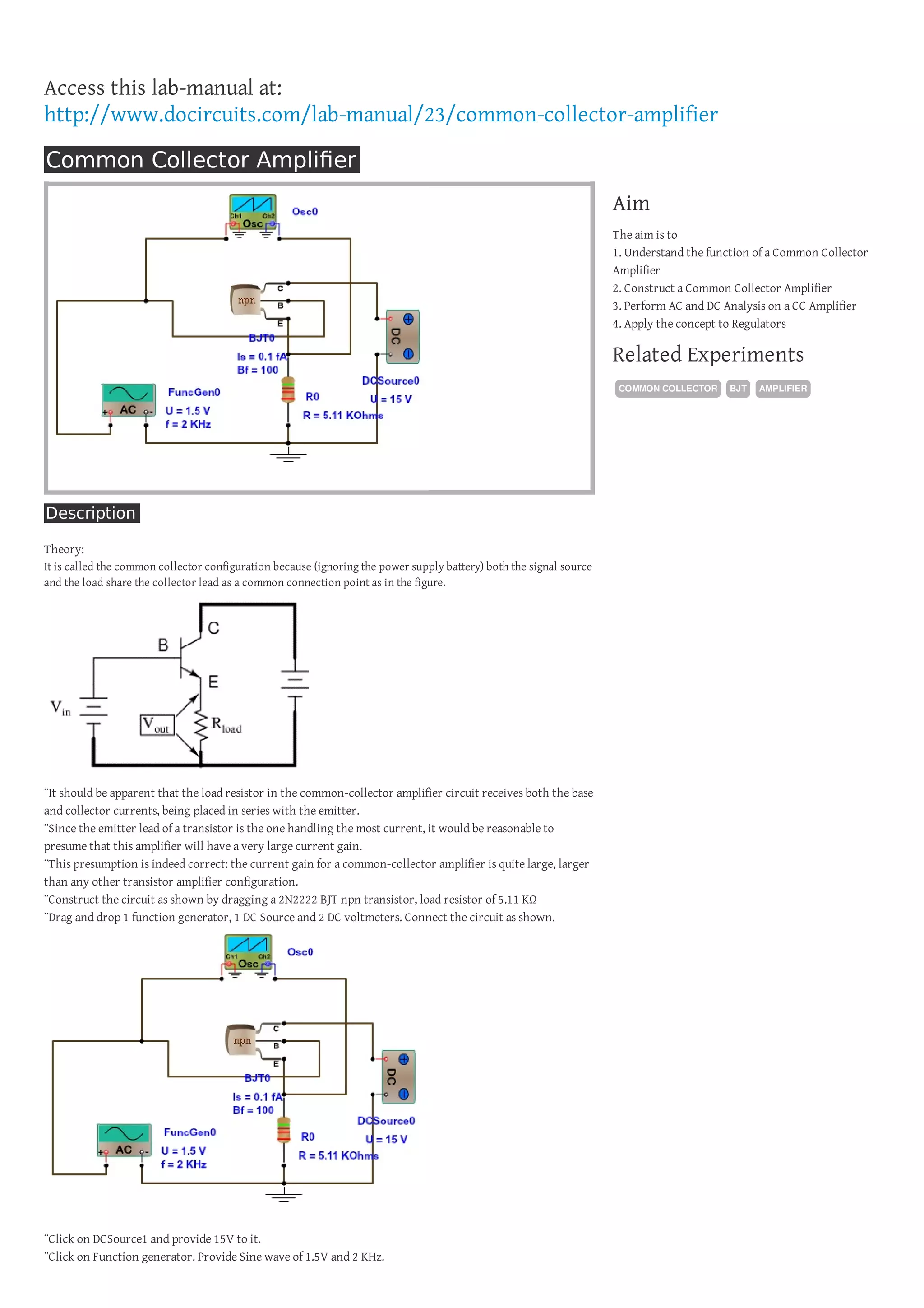 Common Collector Amplifier : BJT | PDF