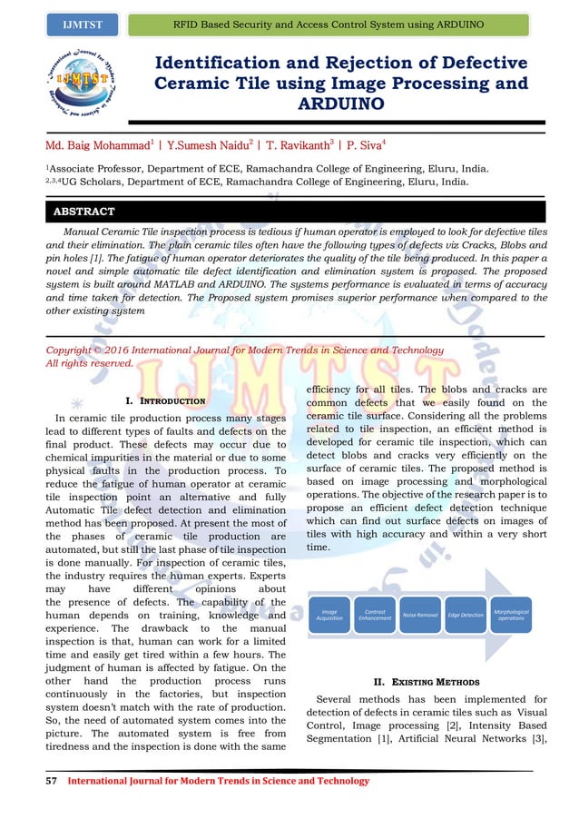 Identification and Rejection of Defective Ceramic Tile using Image Processing and ARDUINO | PDF