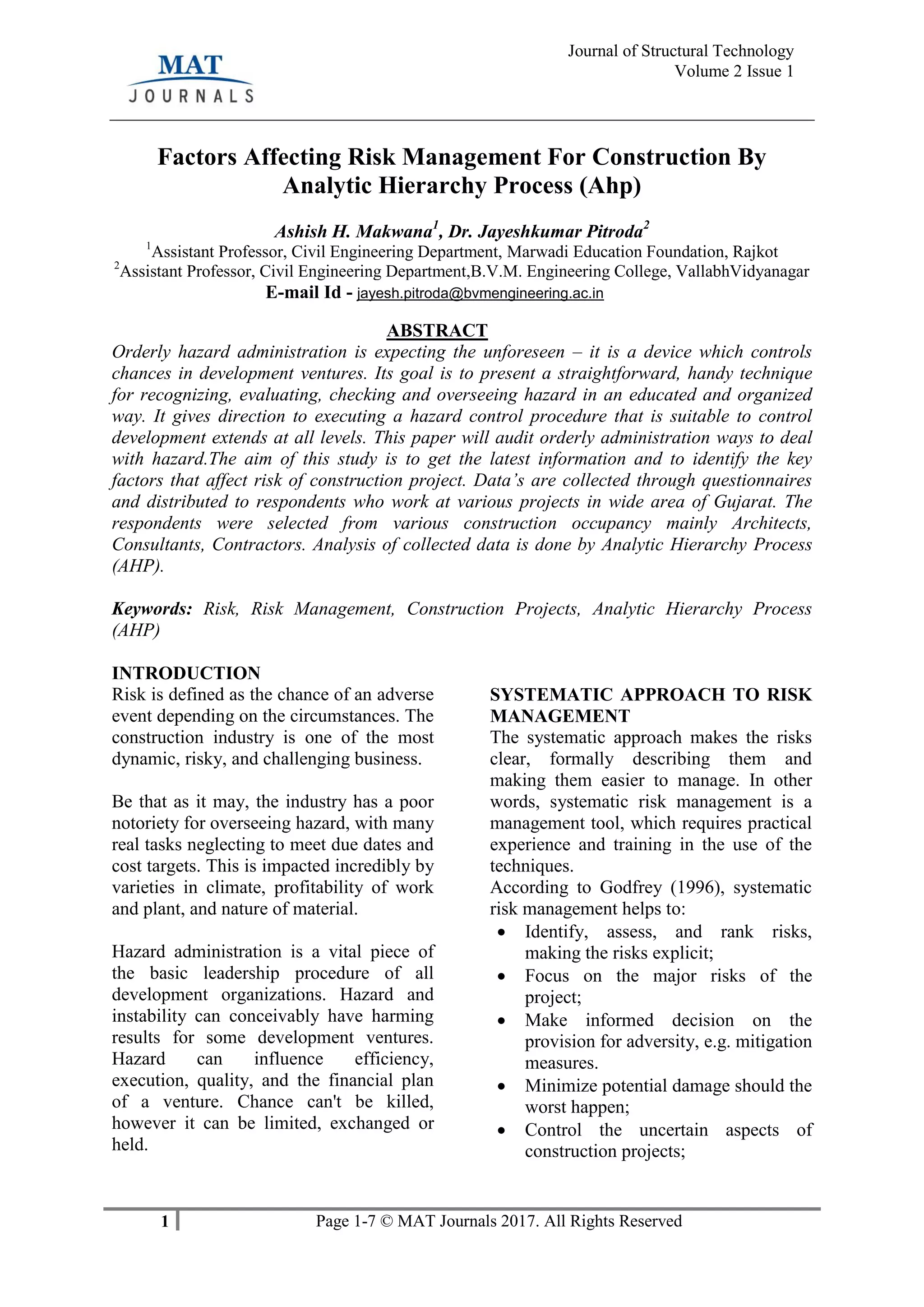 Factors Affecting Risk Management For Construction By Analytic