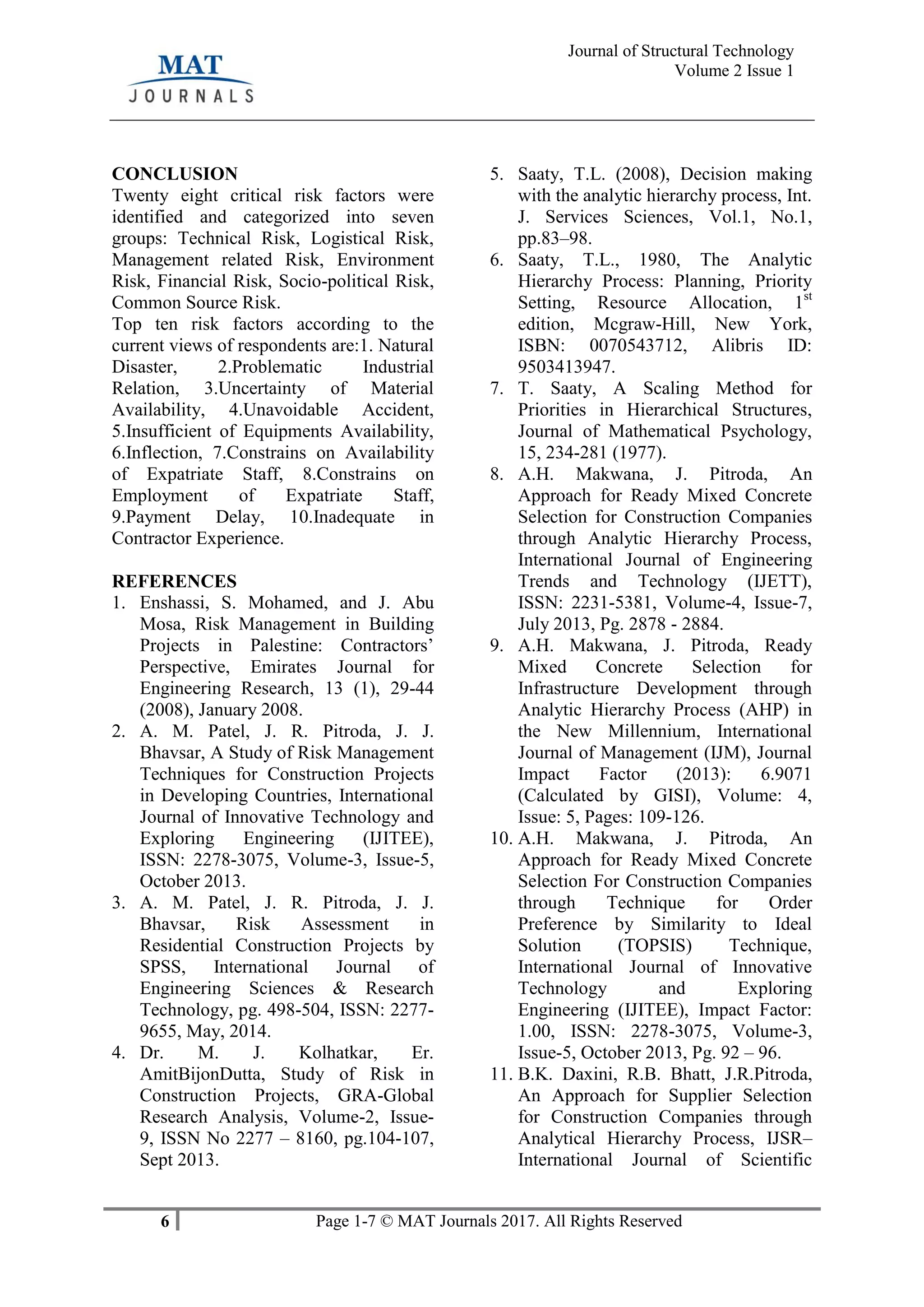 Factors Affecting Risk Management For Construction By Analytic Hierarchy Process Ahp Pdf