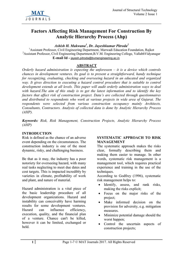 Factors Affecting Risk Management For Construction By Analytic Hierarchy Process (Ahp) | PDF