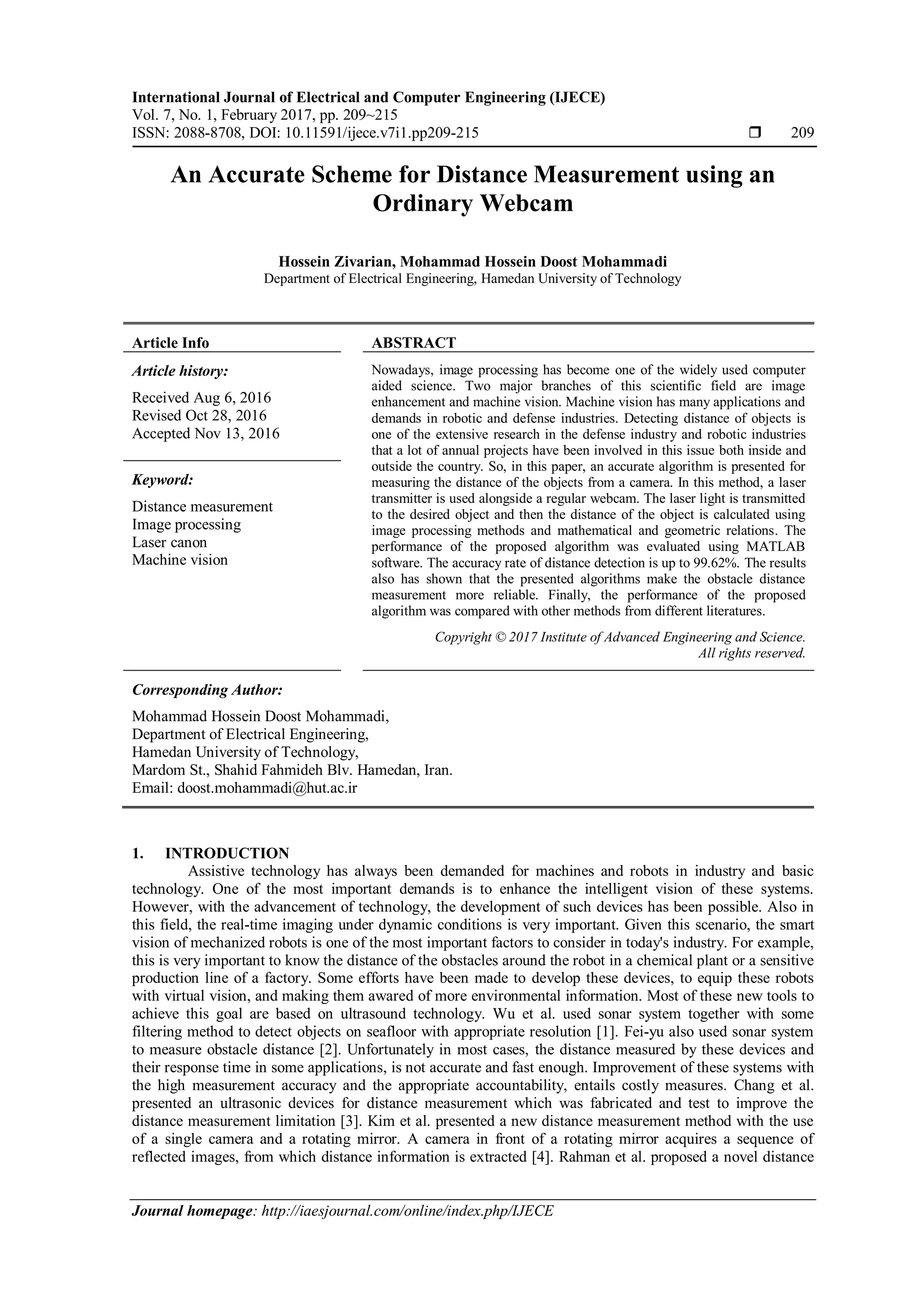 An Accurate Scheme for Distance Measurement using an Ordinary Webcam | PDF