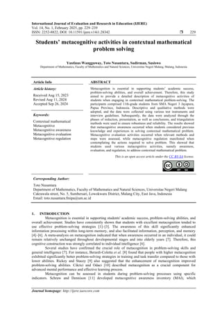 Students’ metacognitive activities in contextual mathematical problem ...