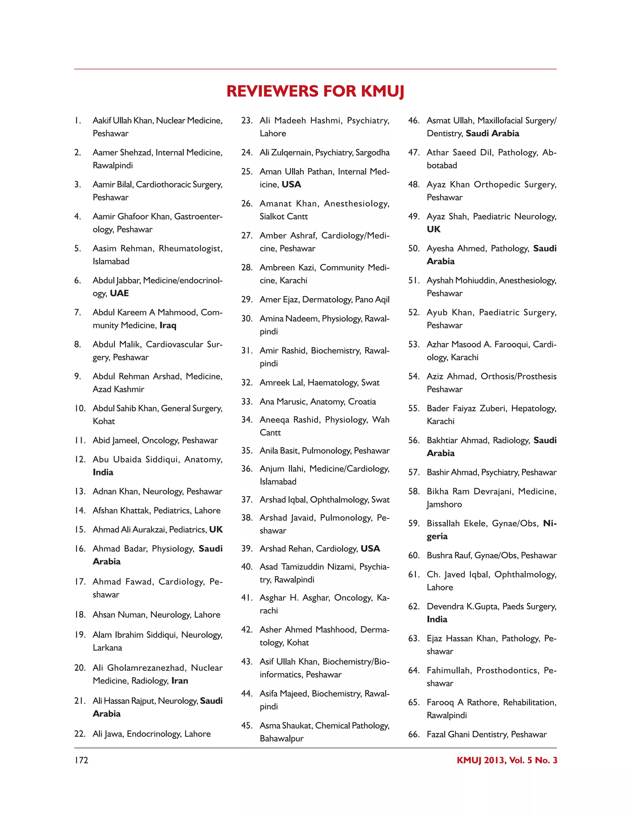 KMUJ 2013 reviewers No 123 | PDF | Surgery | Medical Health