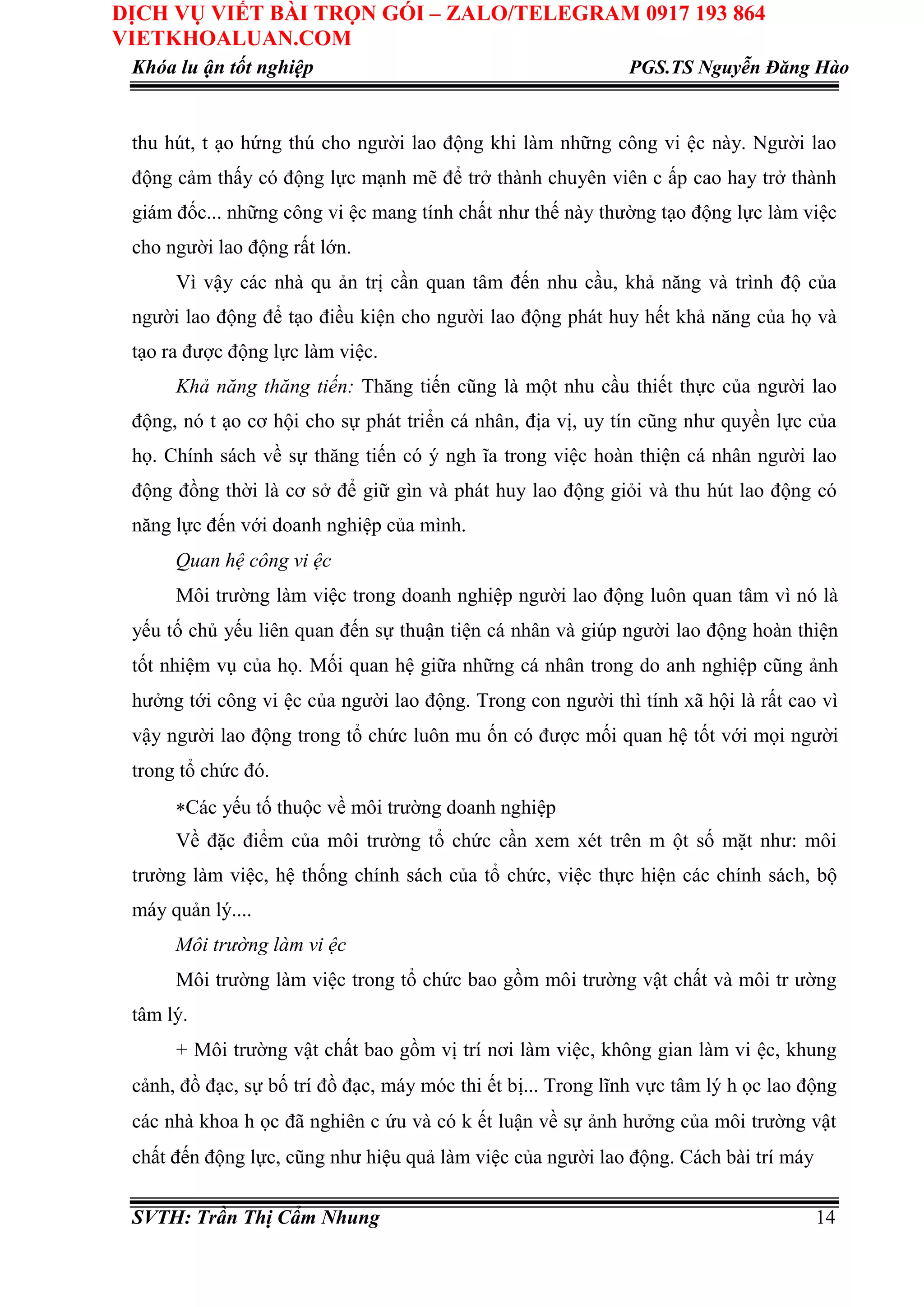 Khóa luận: Nhân tố ảnh hưởng đến động lực làm việc của người lao động | DOC