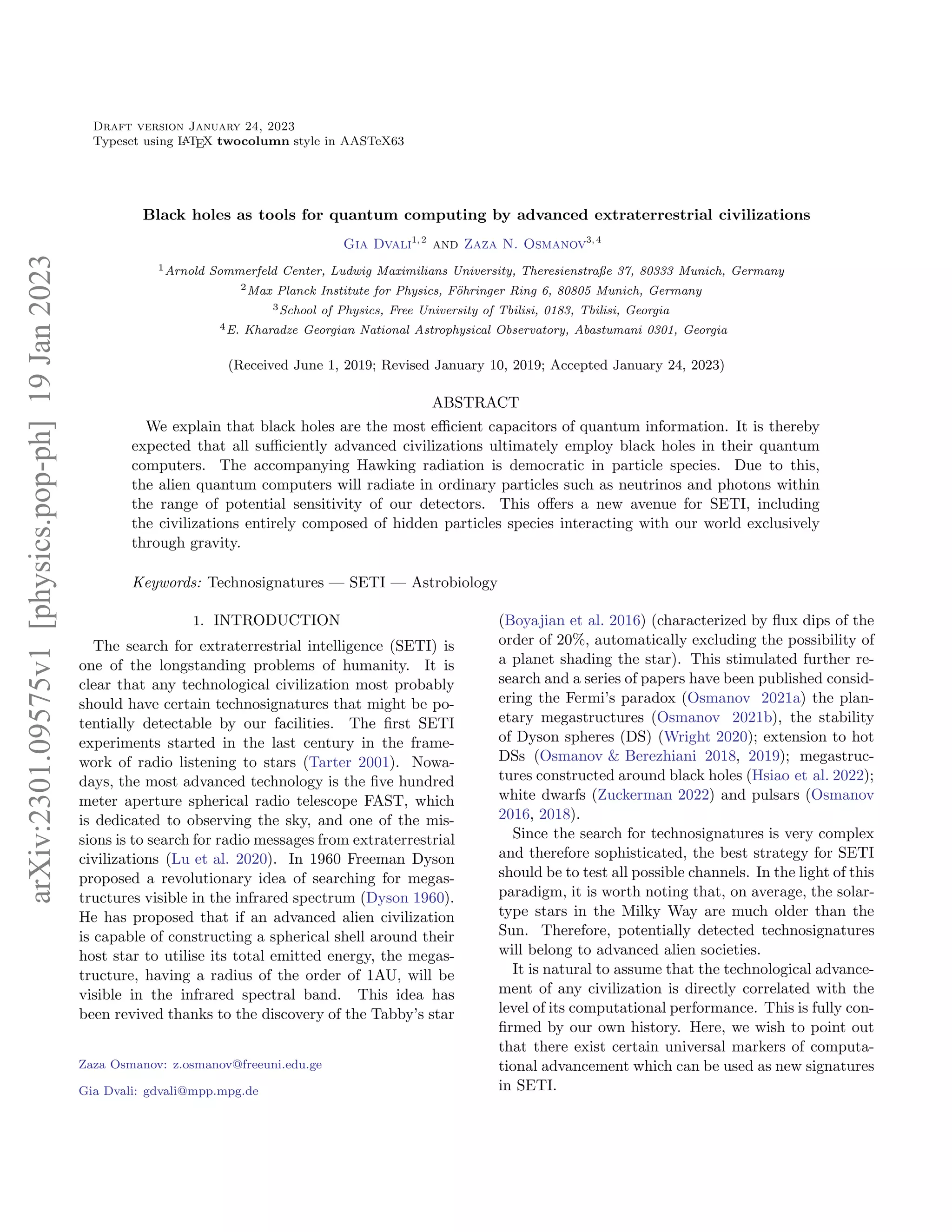 Black holes as tools for quantum computing by advanced extraterrestrial ...