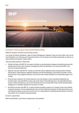 BHP Billiton : Operational Decarbonisation Investor Briefing | PDF