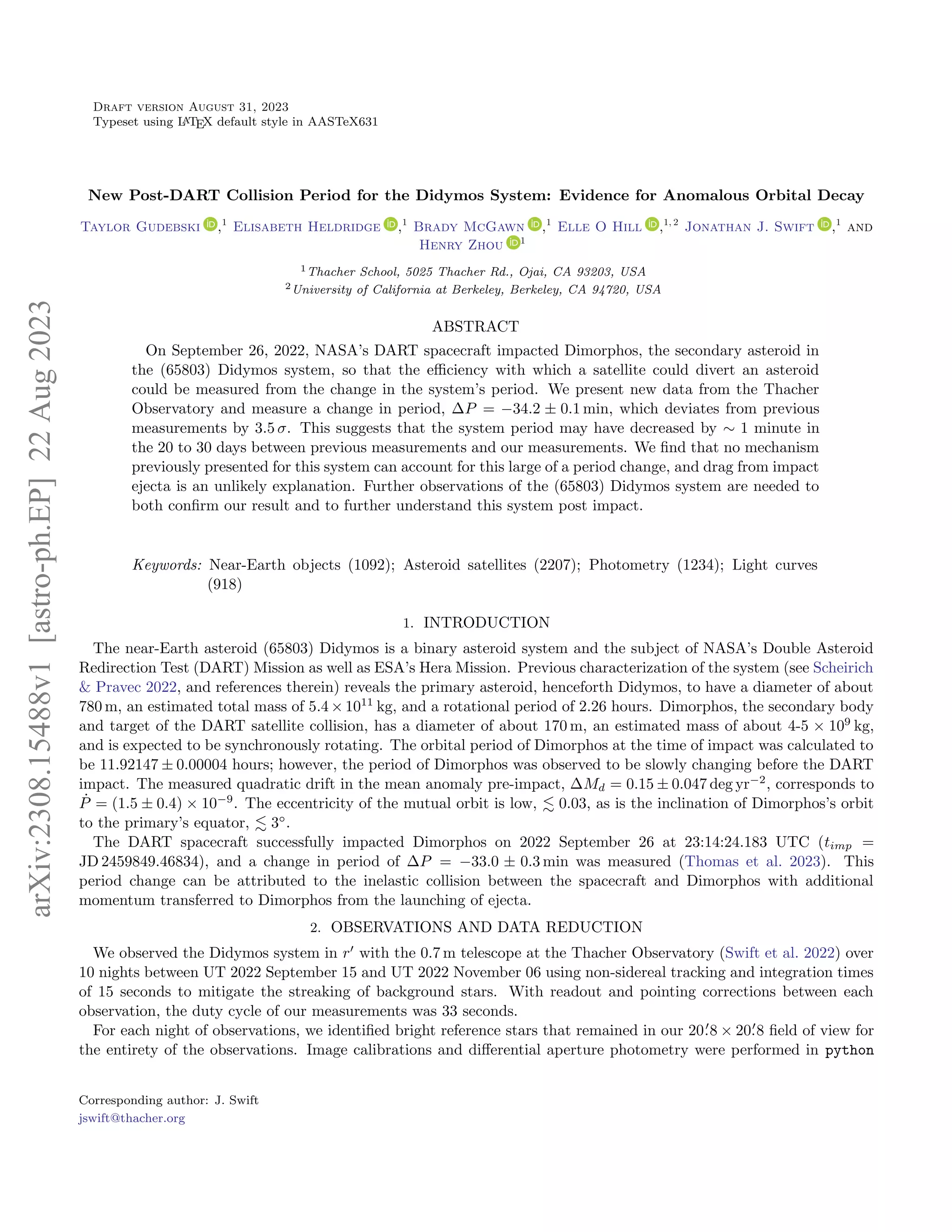 New Post-DART Collision Period for the Didymos System: Evidence for ...